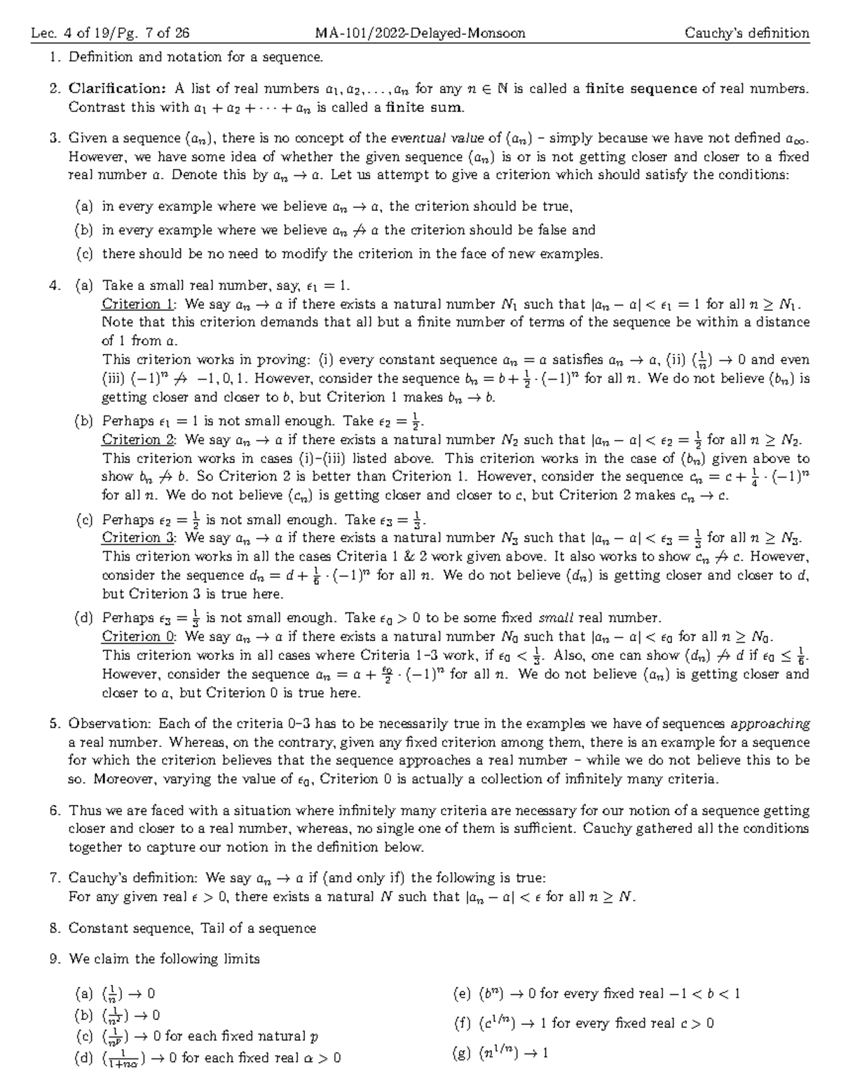 Lec-4 and 5 - Lec. 4 of 19/Pg. 7 of 26 MA-101/2022-Delayed-Monsoon Cauchy’s definition ...