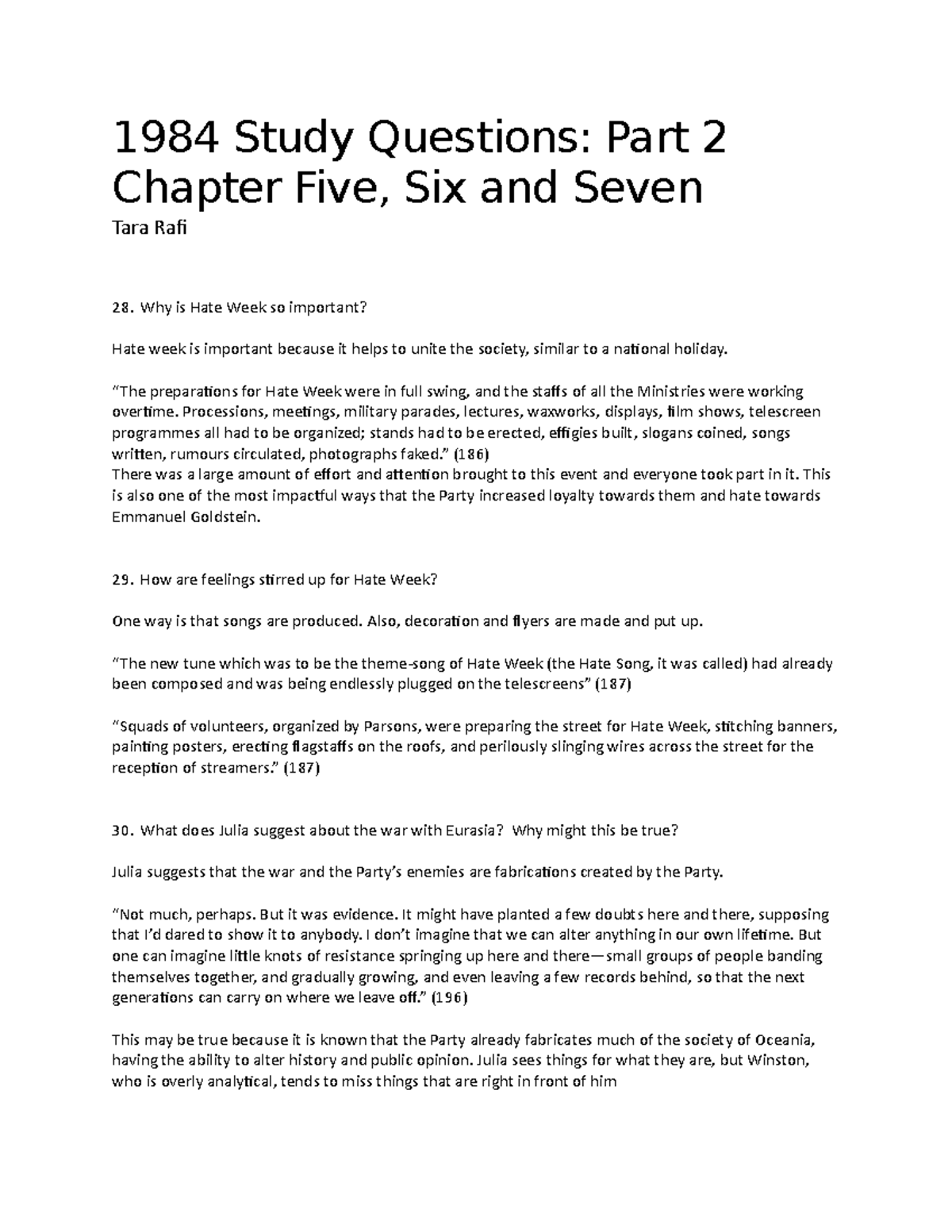 1984 Study Questions Part 2 Chapter Five Six Seven - 1984 Study ...
