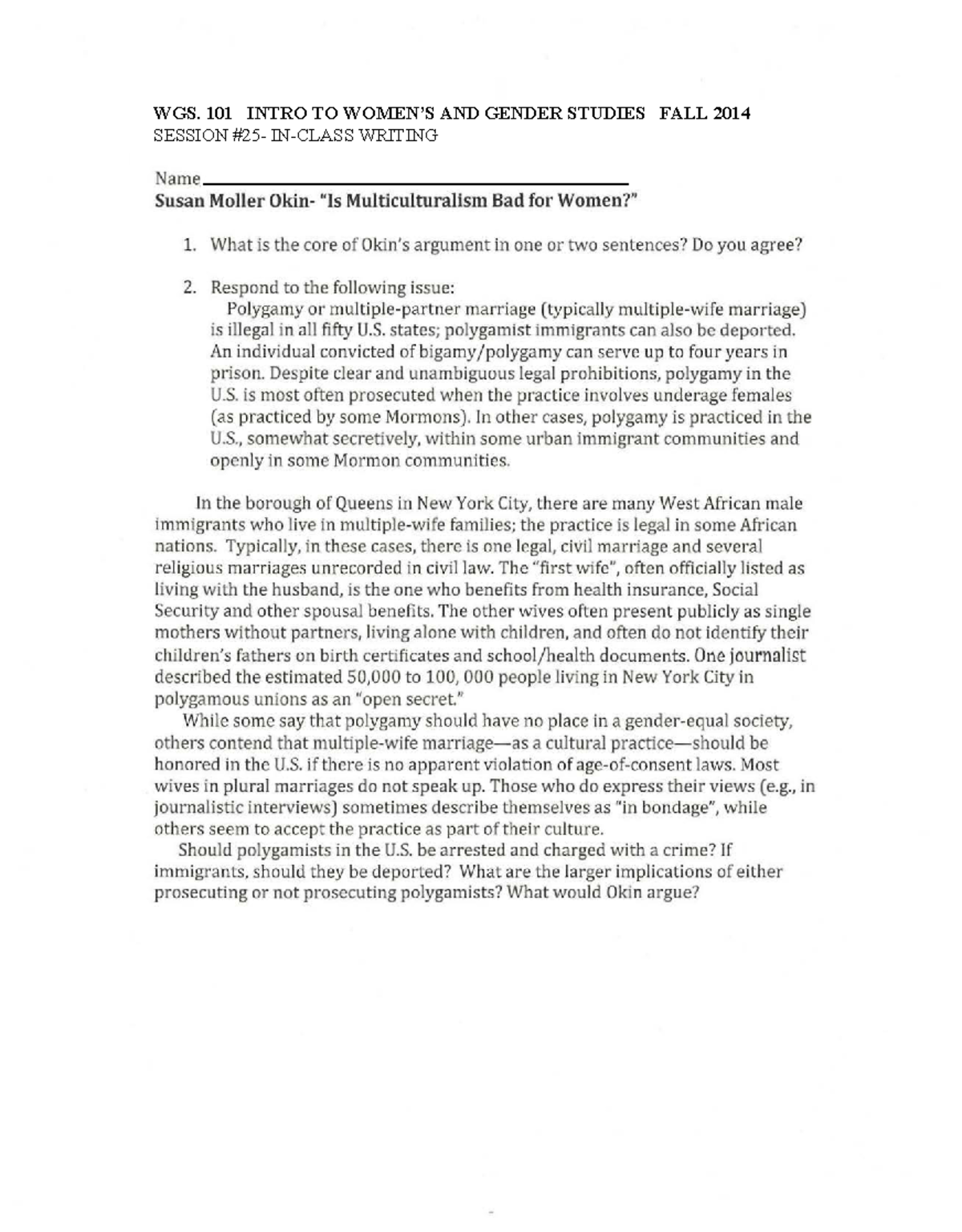 Session #25- IN- Class Writing - WGS. 101 INTRO TO AND GENDER STUDIES ...
