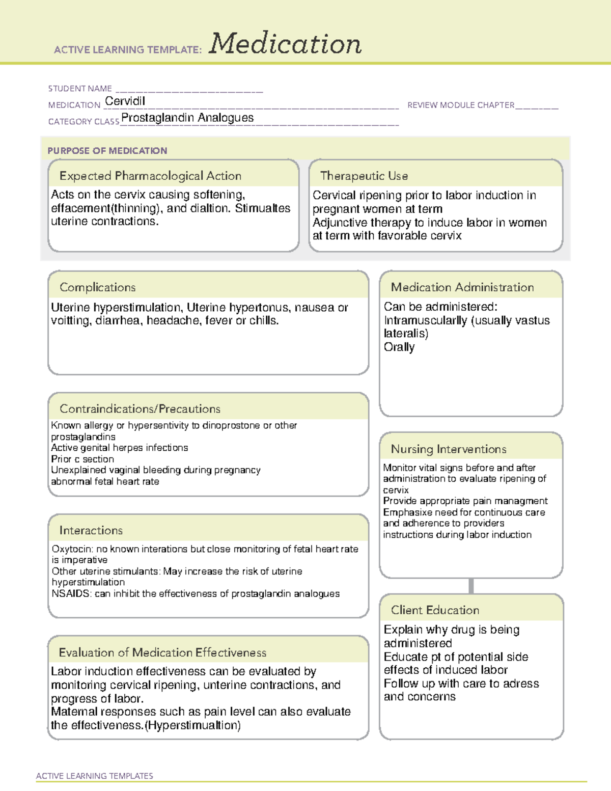 Cervidil-Drug Card - Drug card - ACTIVE LEARNING TEMPLATES Medication ...