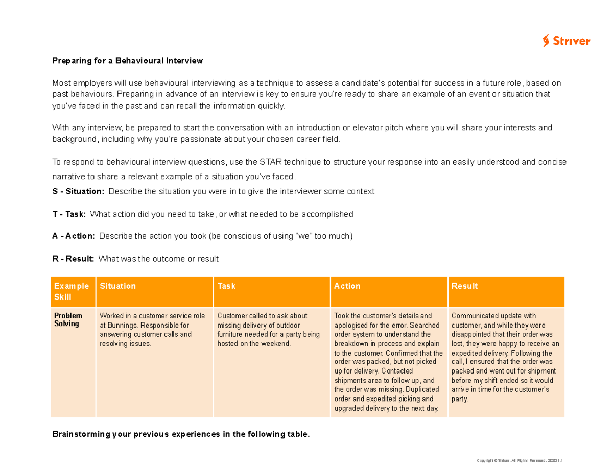 Behavioural Interview Guide - Response Template v2 - Preparing for a ...