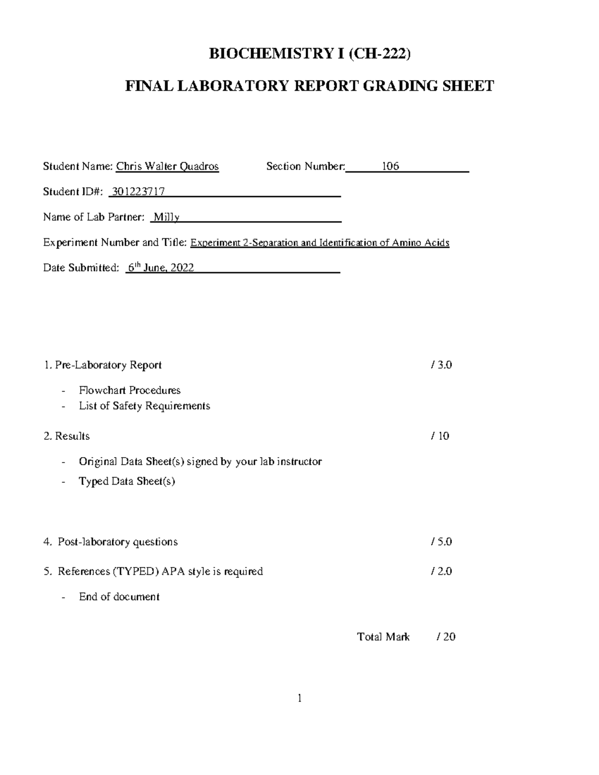 Experiment 2 Lab Report Final - 1 BIOCHEMISTRY I (CH-222) FINAL ...
