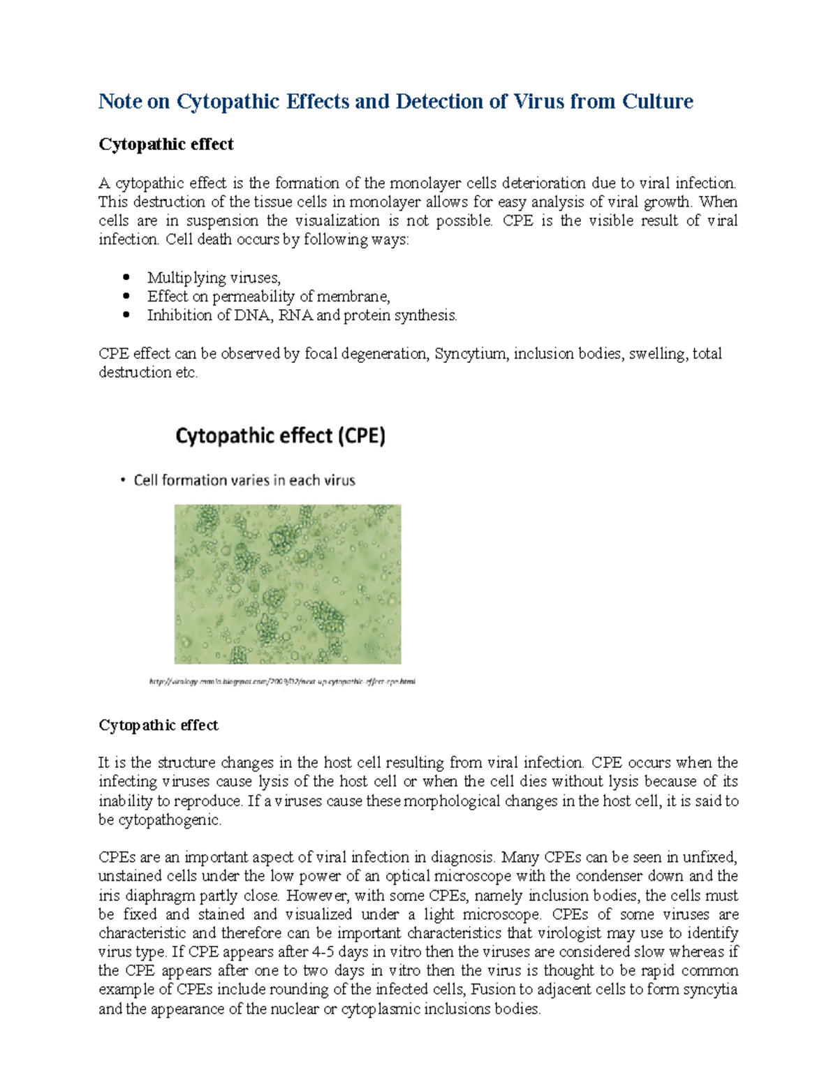 Note on Cytopathic Effects and Detection of Virus From Culture - This ...