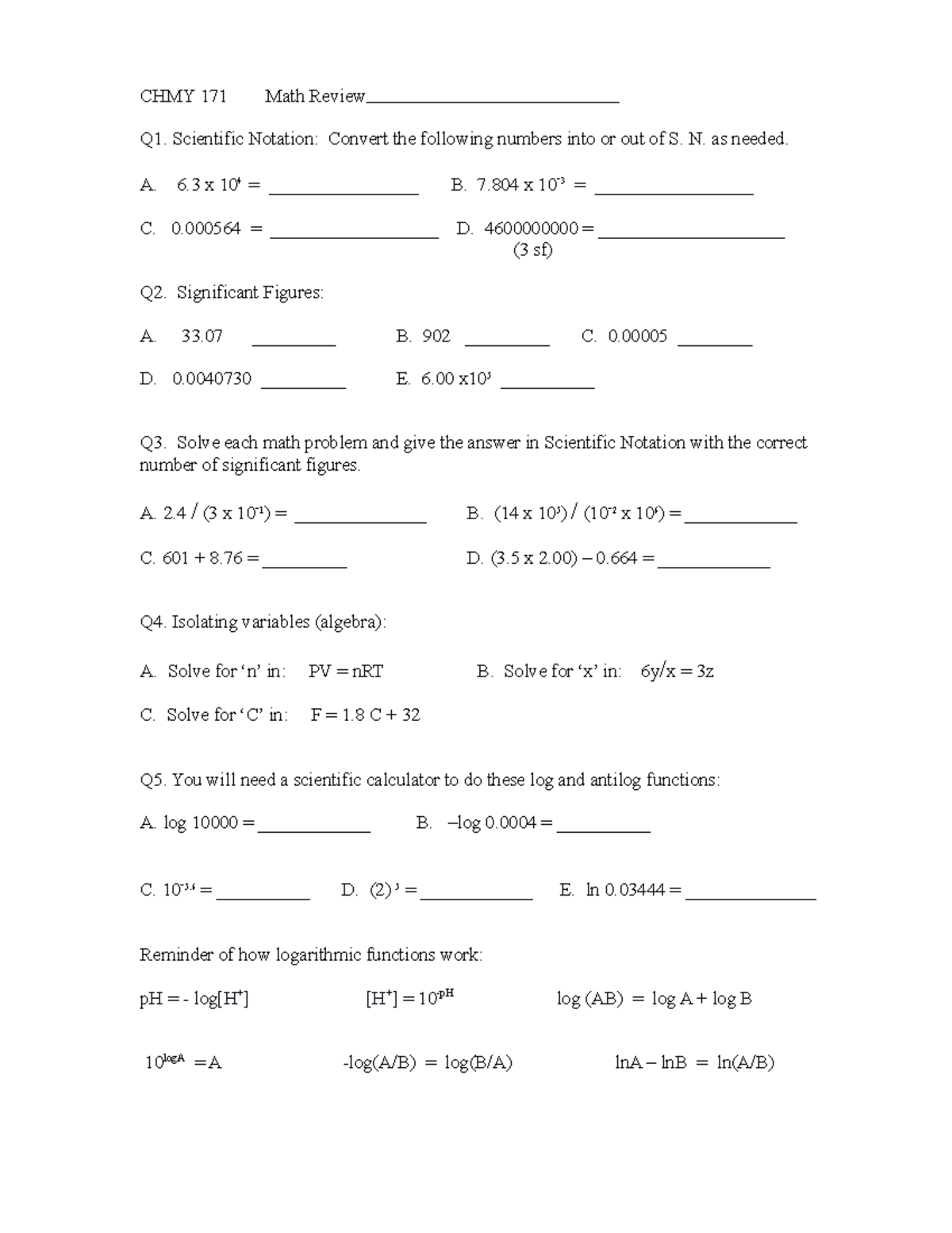 0A 171 math review - CHMY 171 Math Review Q1. Scientific Notation ...