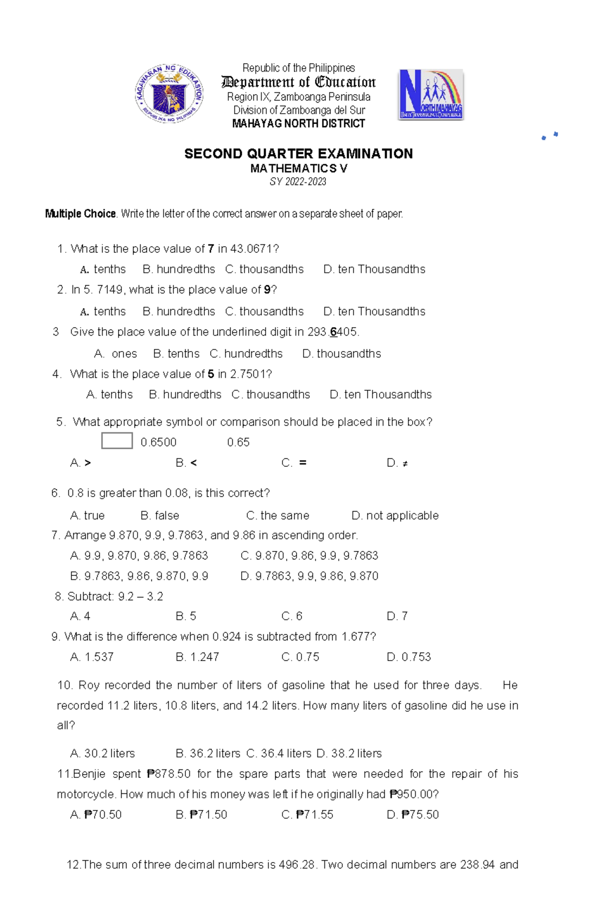 mathematics 5 2nd quarter - Republic of the Philippines Department of ...