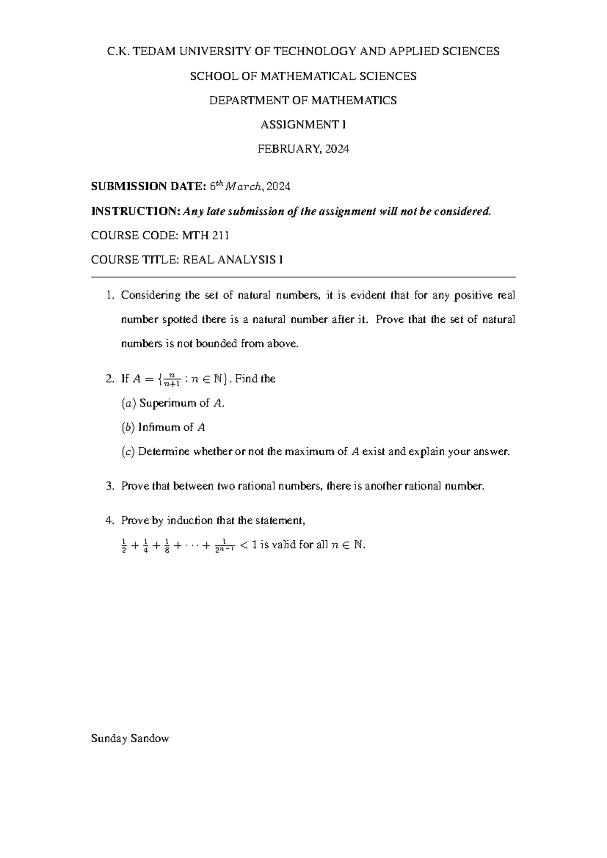 Assignment 1 MTH 211 050203 - C. TEDAM UNIVERSITY OF TECHNOLOGY AND ...