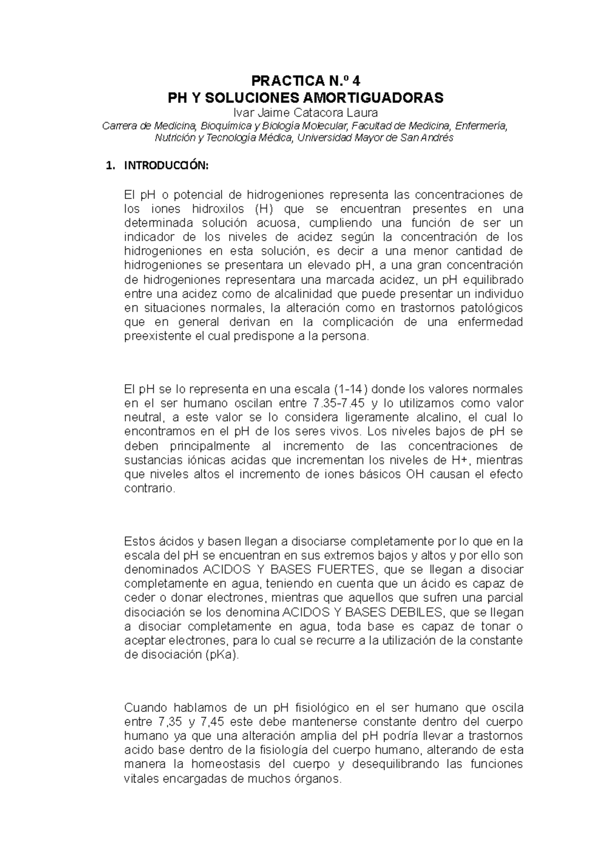 Infiorme p H 4 - tarea de dr. alvarez - PRACTICA N.º 4 PH Y SOLUCIONES AMORTIGUADORAS Ivar Jaime ...