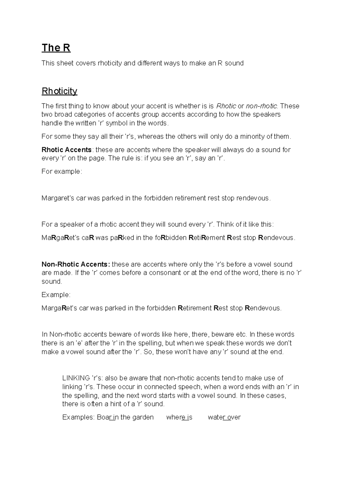 Rhoticity and R's - The R This sheet covers rhoticity and different ...