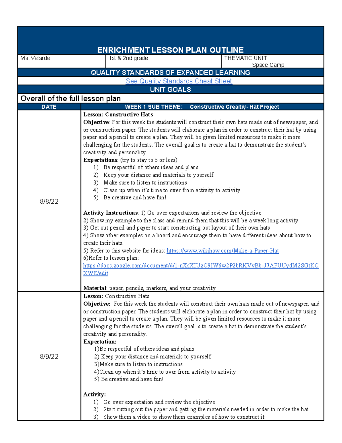 Ms. Velarde- Enrichment Lesson Plan 8 8 22-9 1 22 - ENRICHMENT LESSON ...