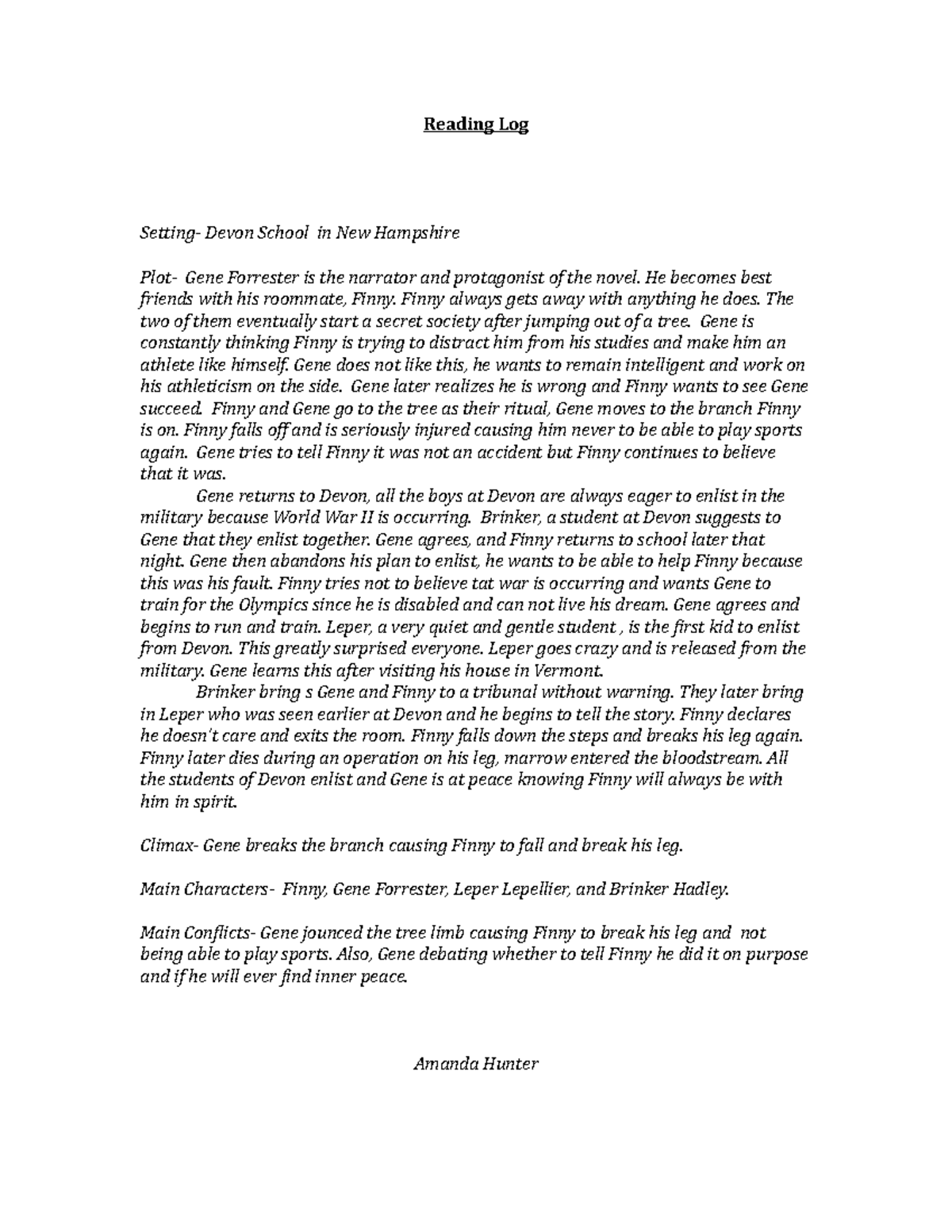 Reading Log from high school for a critical reading course - Reading ...