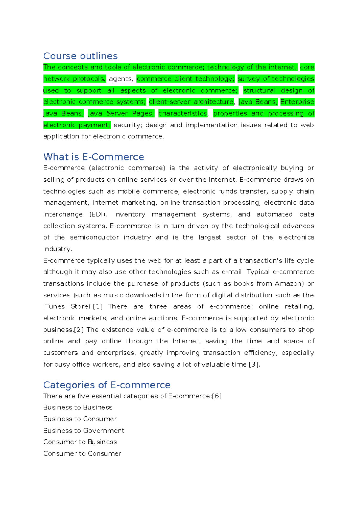 Csc 308, e-commerce notes - Course outlines The concepts and tools of ...