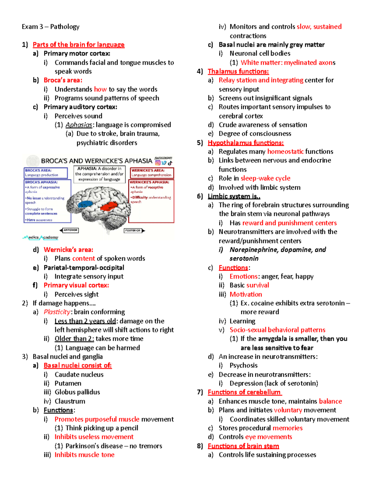 Physio/Patho Exam 3 - Exam 3 – Pathology 1) Parts of the brain for ...