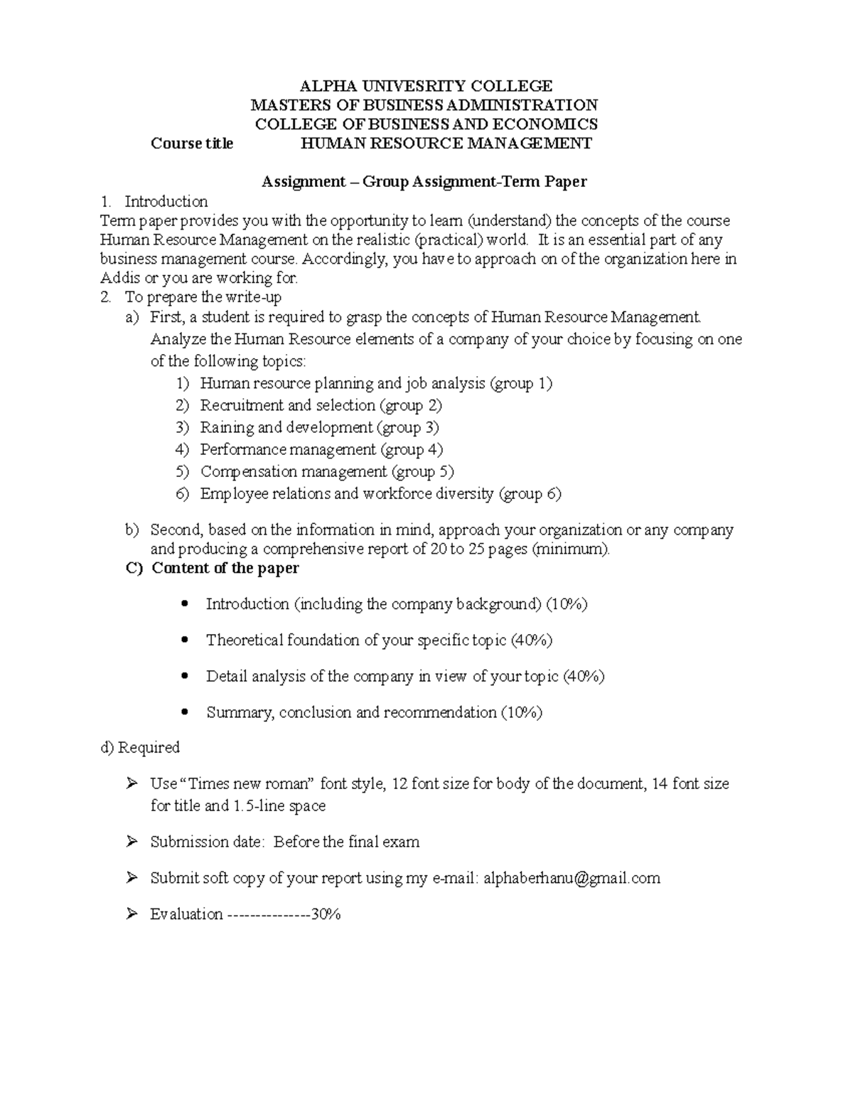 HRM Assignment - ALPHA UNIVESRITY COLLEGE MASTERS OF BUSINESS ...