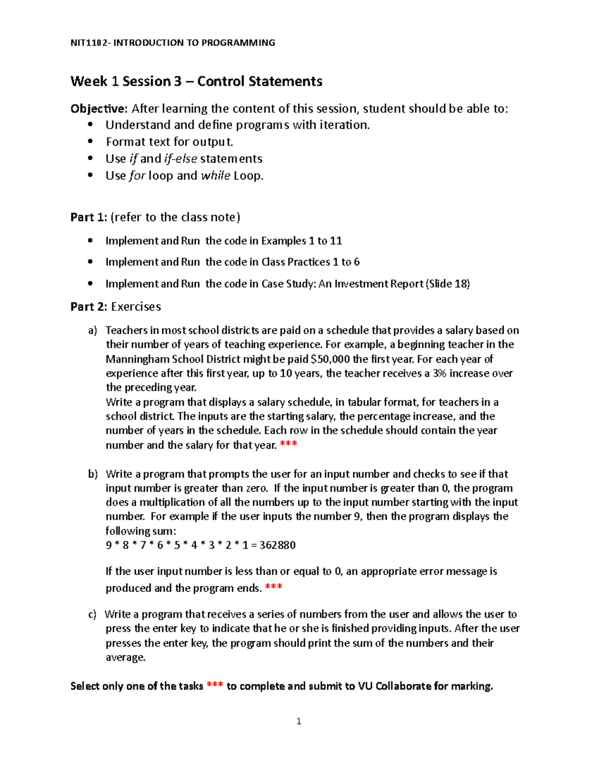 Lab1 32 - zzd - NIT1102- INTRODUCTION TO PROGRAMMING Week 1 Session 3 – Control Statements - Studocu