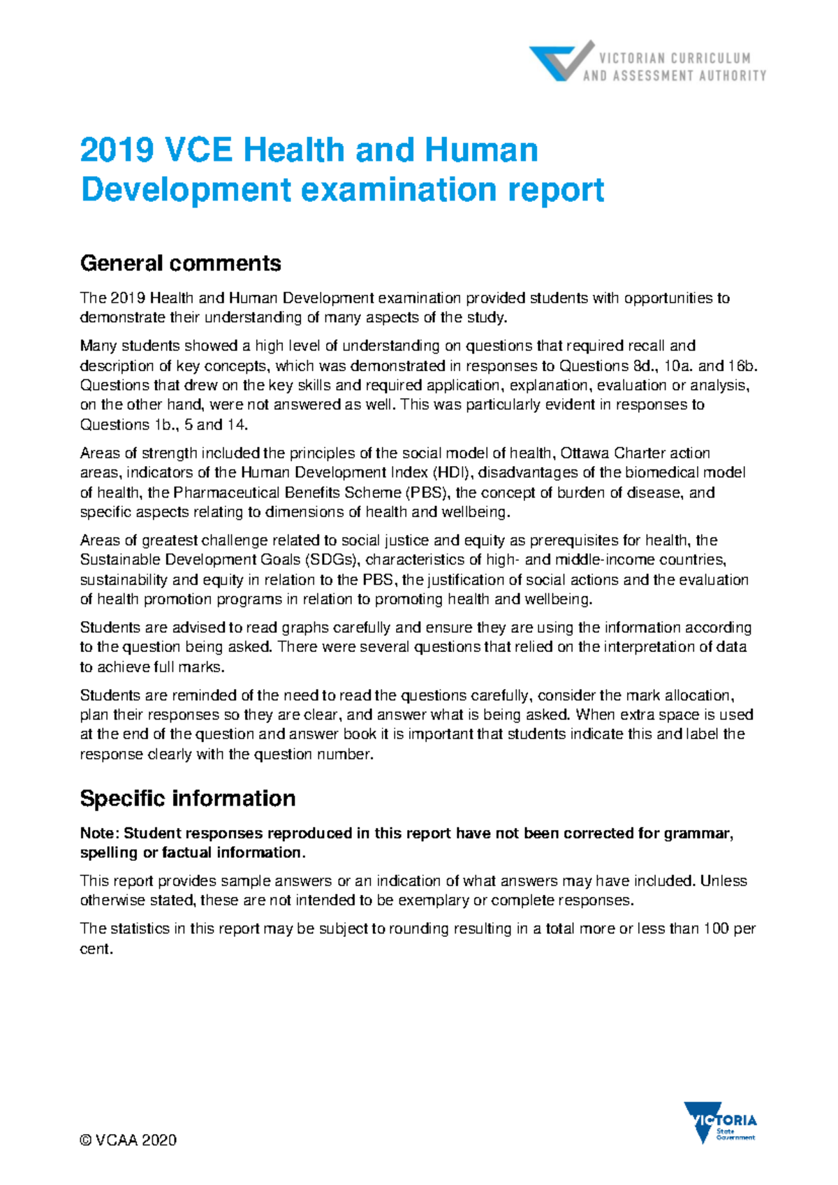 Hhd examrep 19 - Exam reports 2019 - © VCAA 2020 2019 VCE Health and ...