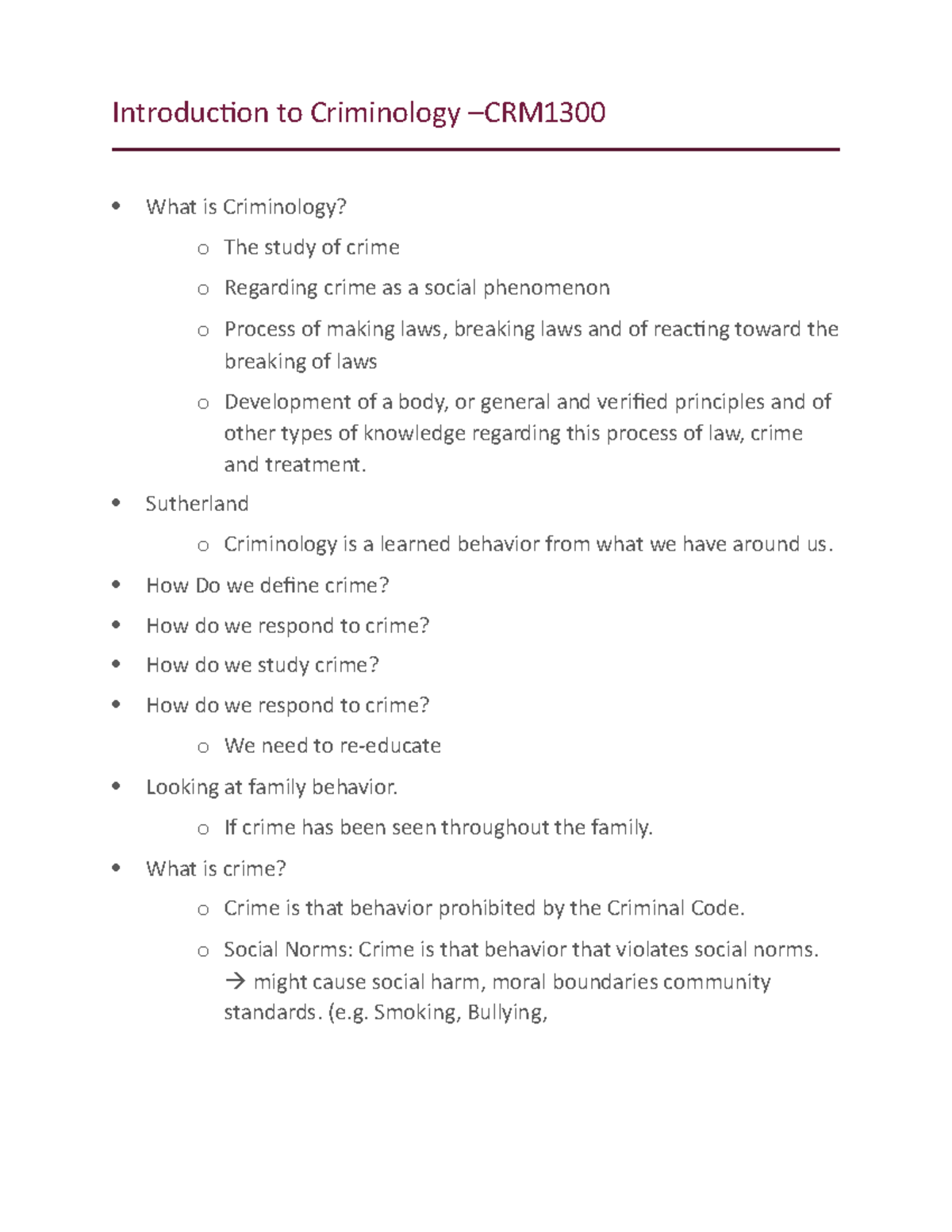 Introduction to Criminology –CRM1300 - Introduction to Criminology ...