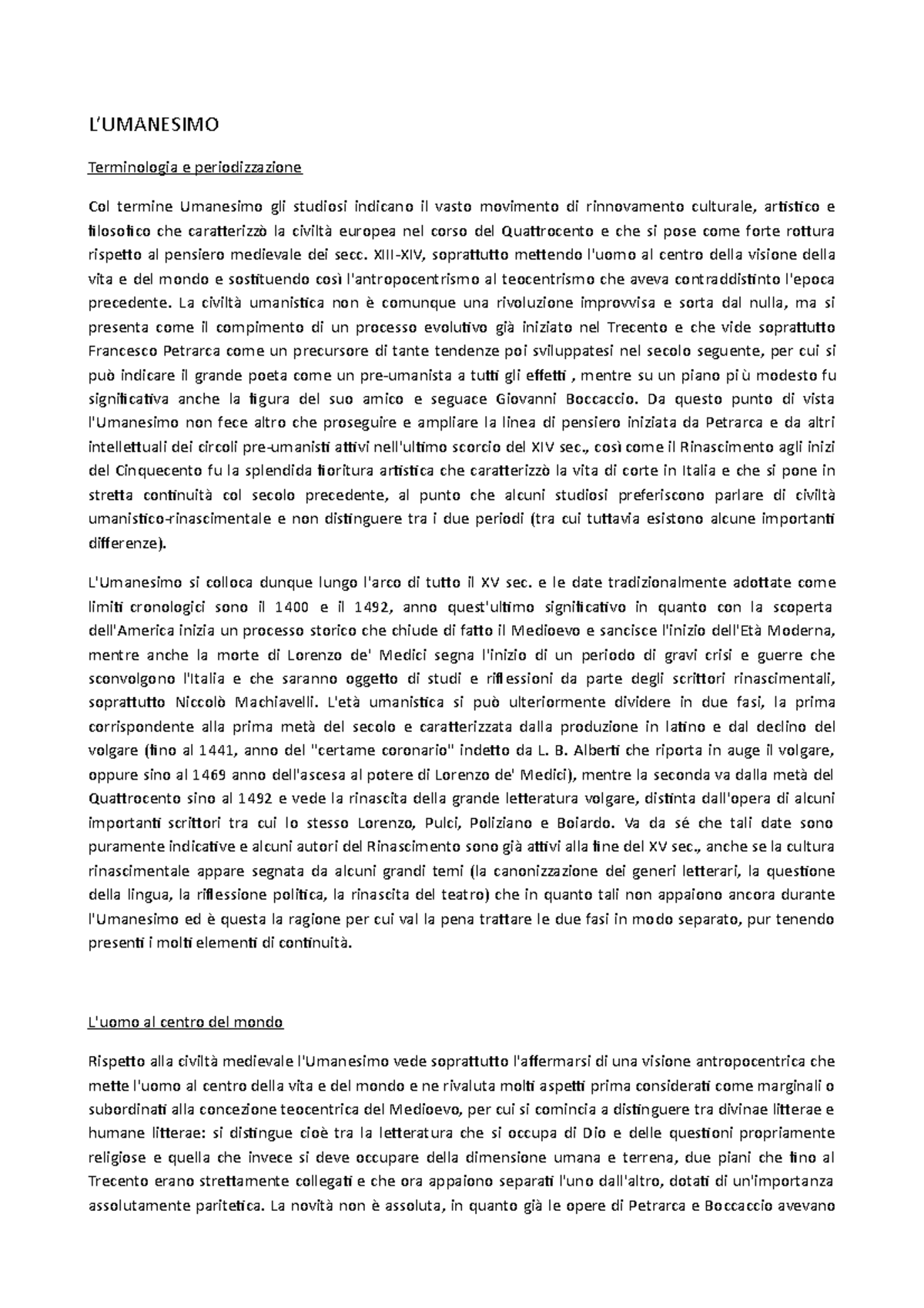 L' Umanesimo - Terminologia e periodizzazione Col termine Umanesimo gli ...