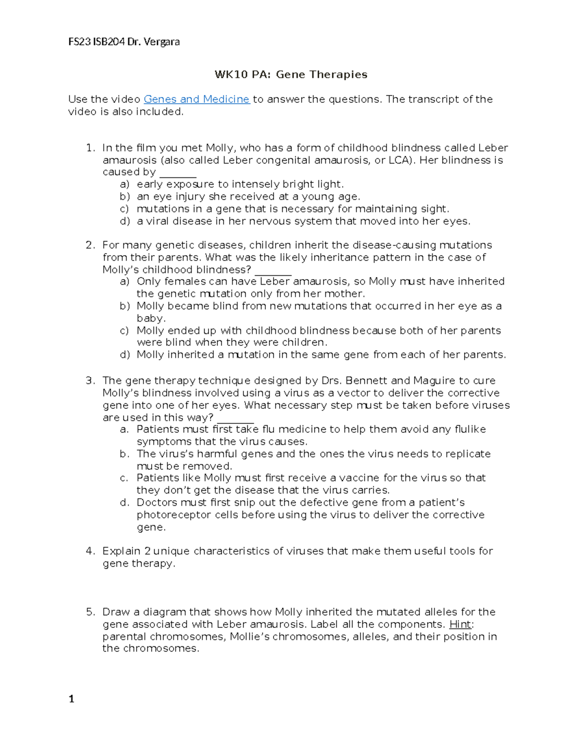 WK10 PA Gene Therapies - Assignment for WK 10 - FS23 ISB204 Dr. Vergara ...