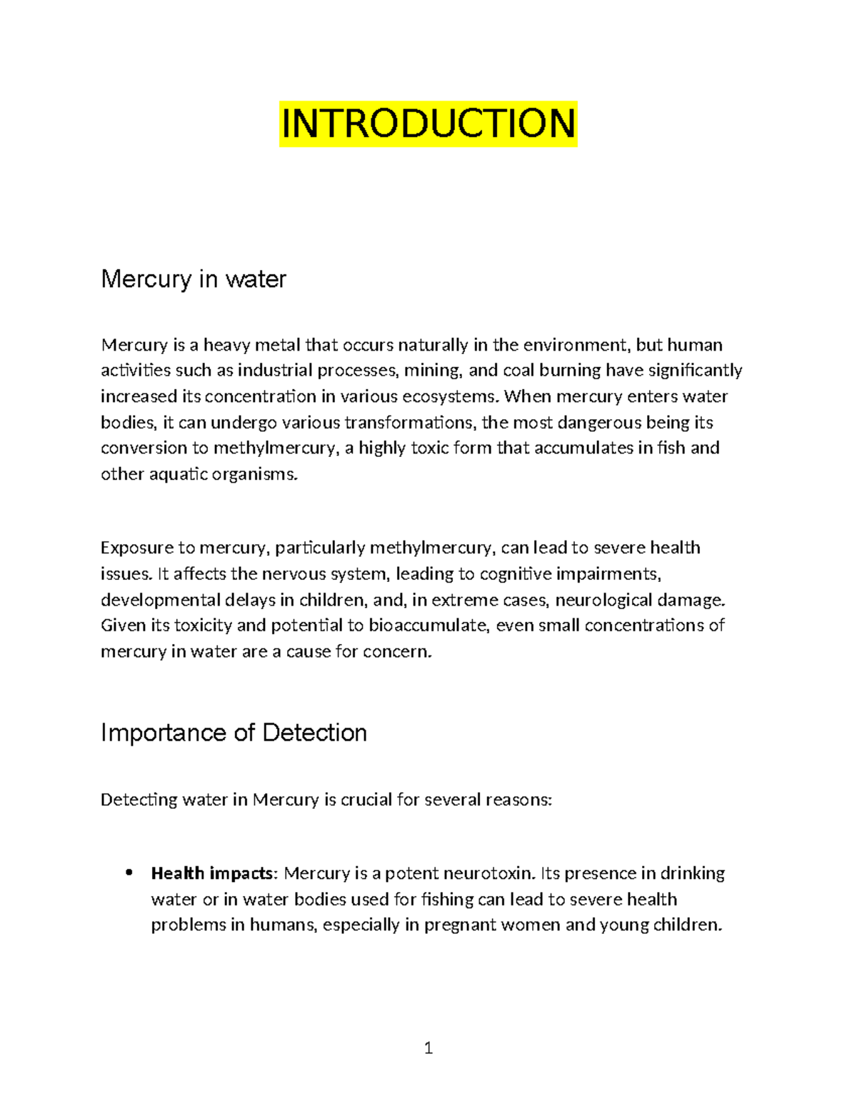 Project - INTRODUCTION Mercury in water Mercury is a heavy metal that occurs naturally in the ...