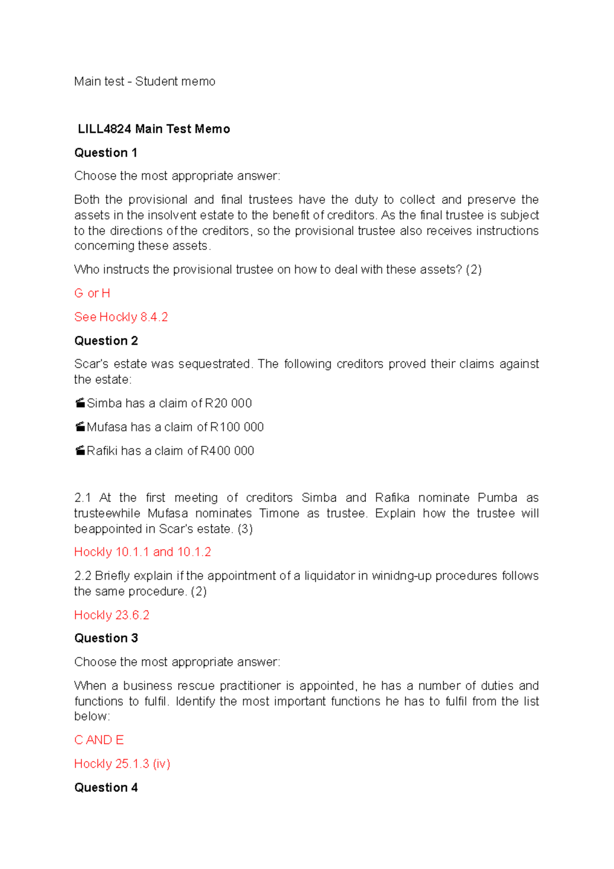 Test 1 15 August 2017, questions and answers - Main test - Student memo ...