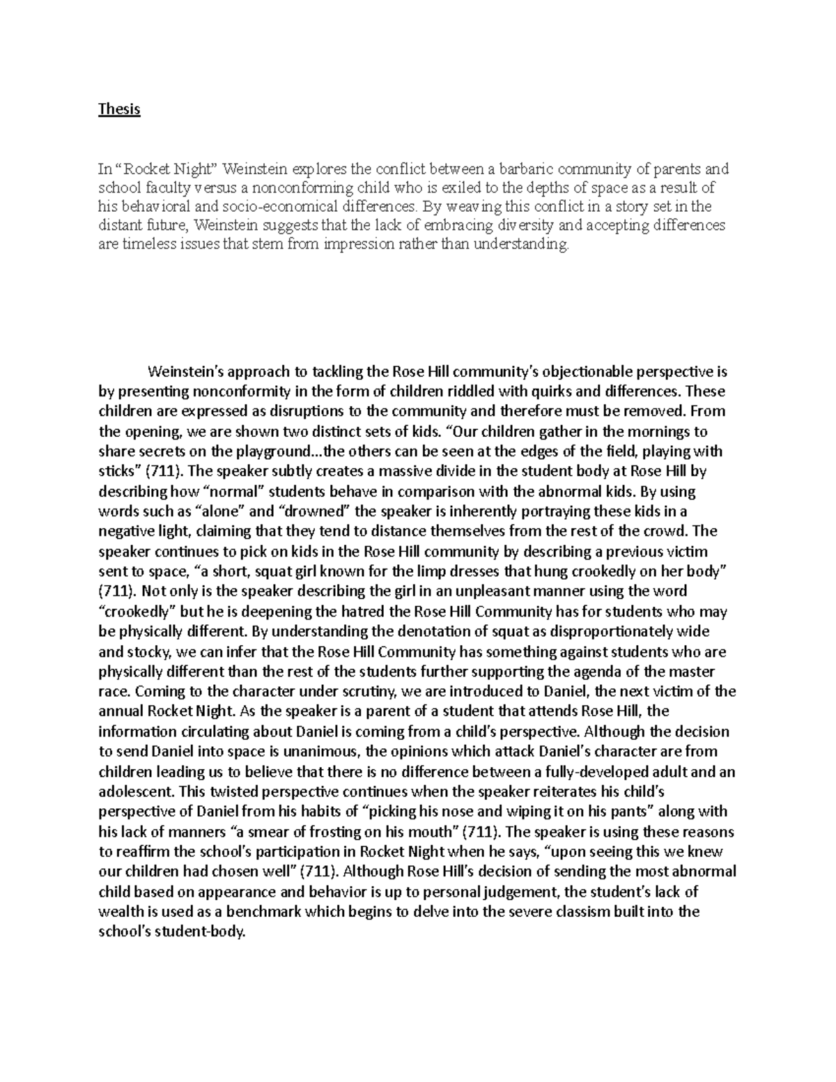 Thesis - Thesis In “Rocket Night” Weinstein explores the conflict ...