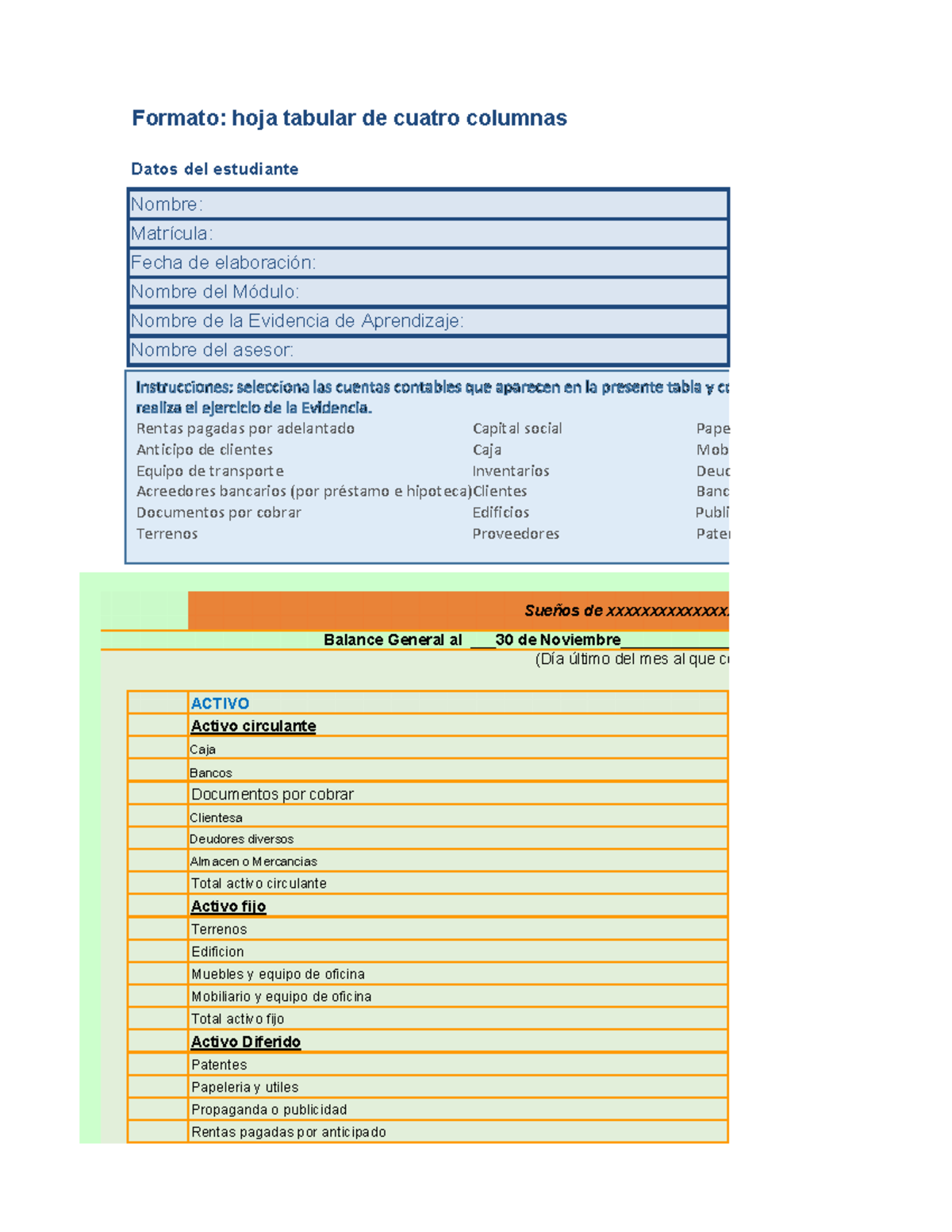 Hoja tabular de cuatro columnas Balance - Formato: hoja tabular de ...