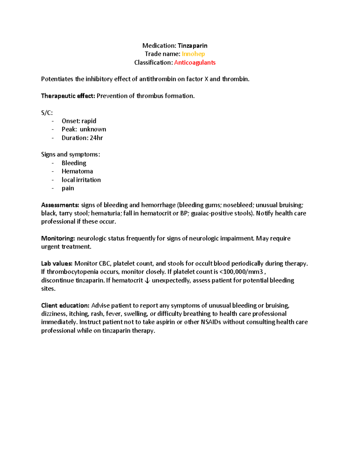Tinzaparin - Description of the drug. - Medication: Tinzaparin Trade ...