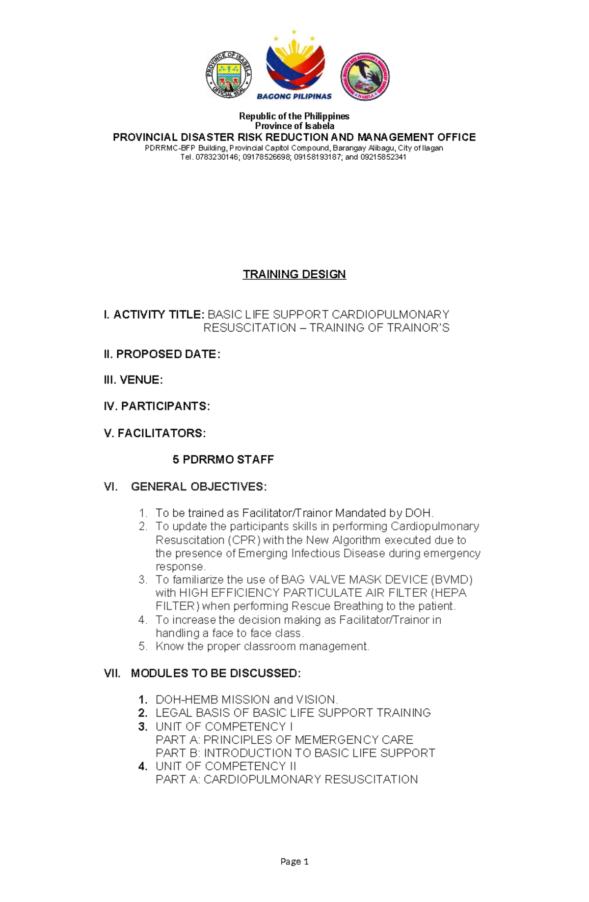 BLS Training Design Neeeeeewwww - Republic of the Philippines Province of Isabela PROVINCIAL ...