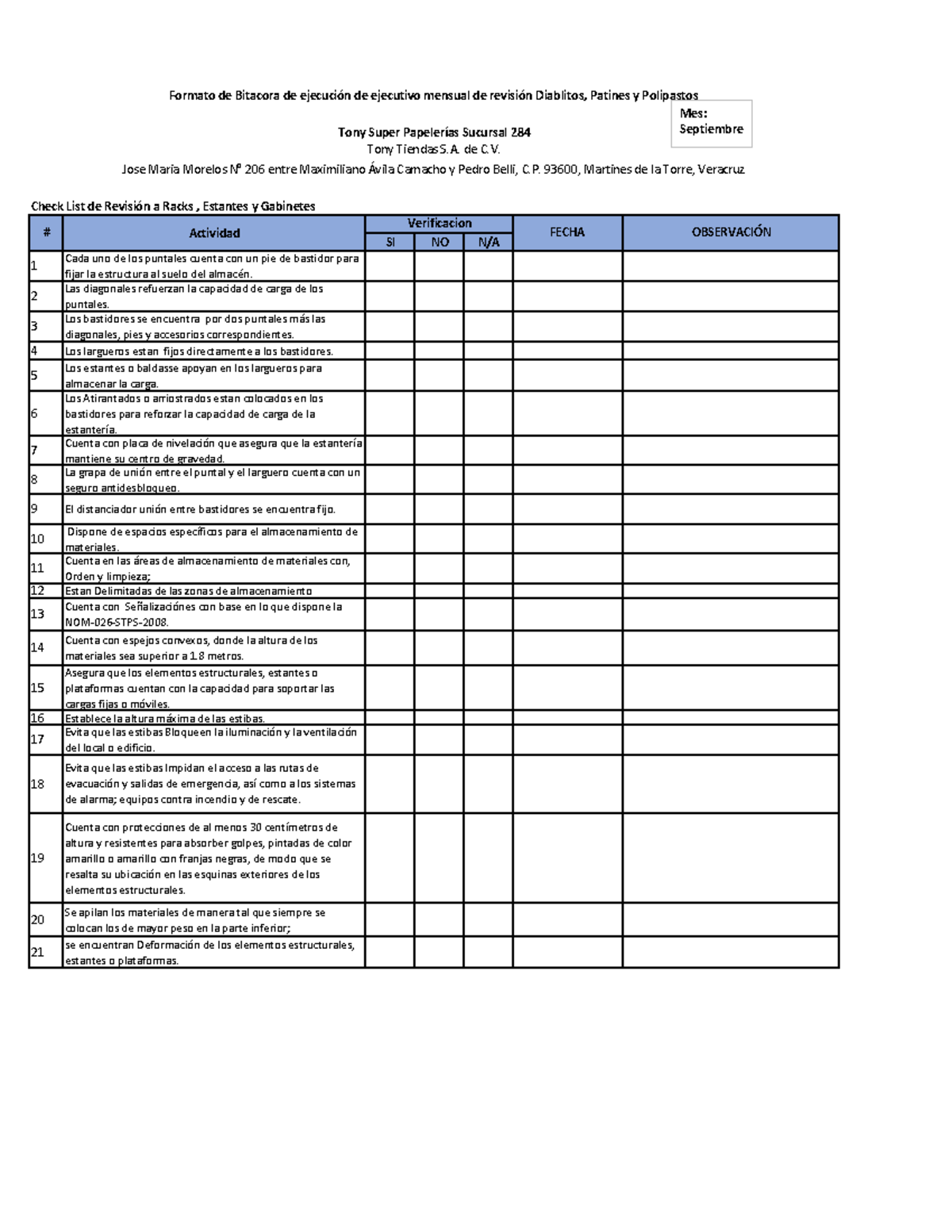 Check LIST Racks - CCCC - SI NO N/A 1 Cada uno de los puntales cuenta ...