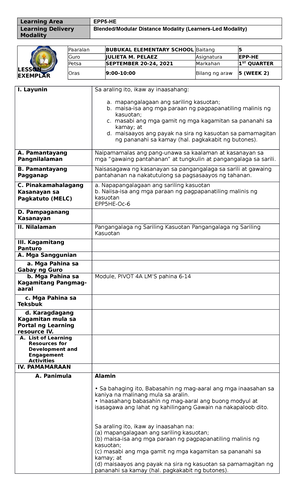 EPP5-HE Q1 WEEK 1 Lesson Exemplar - Learning Area EPP5-HE Learning ...