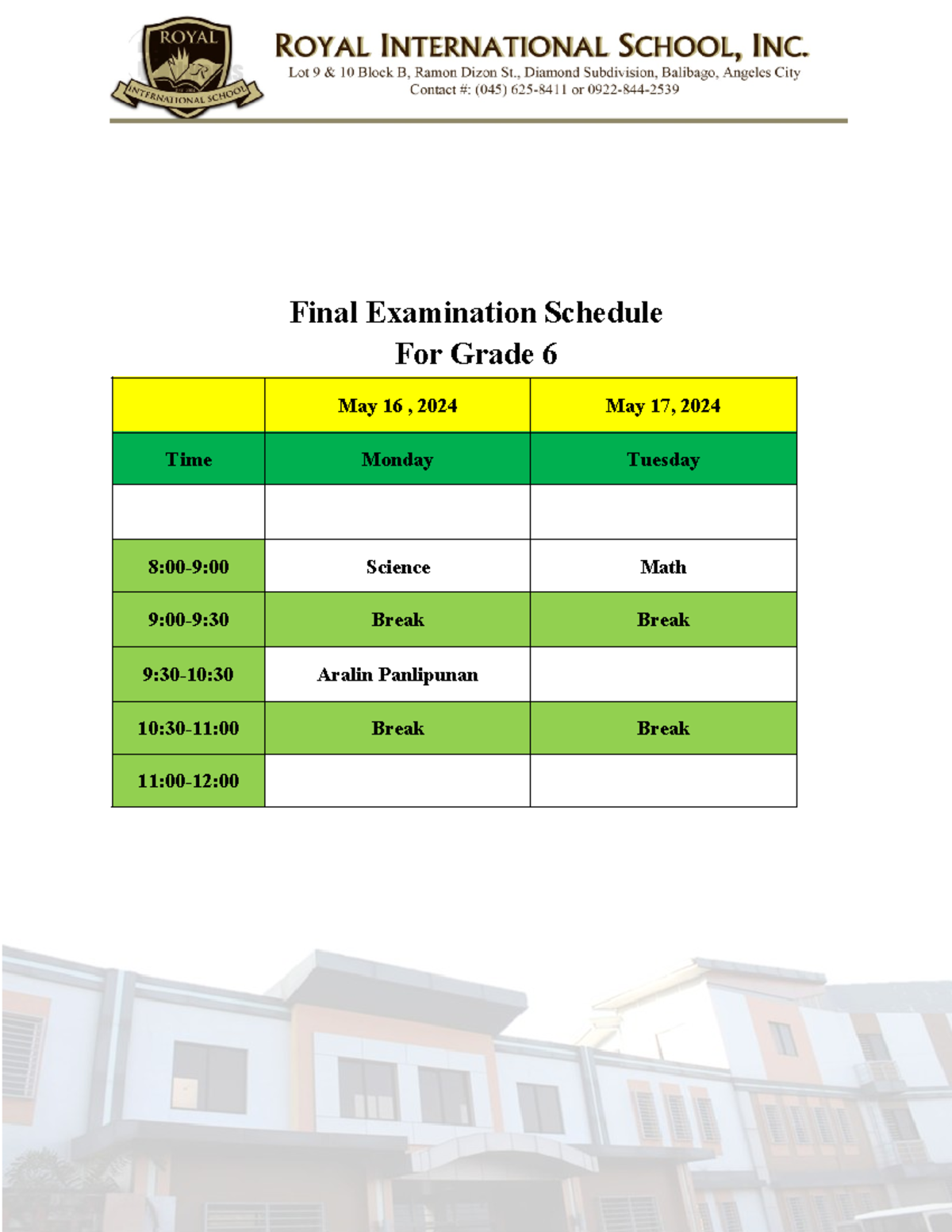 6 10-12final examination - Final Examination Schedule For Grade 6 May ...