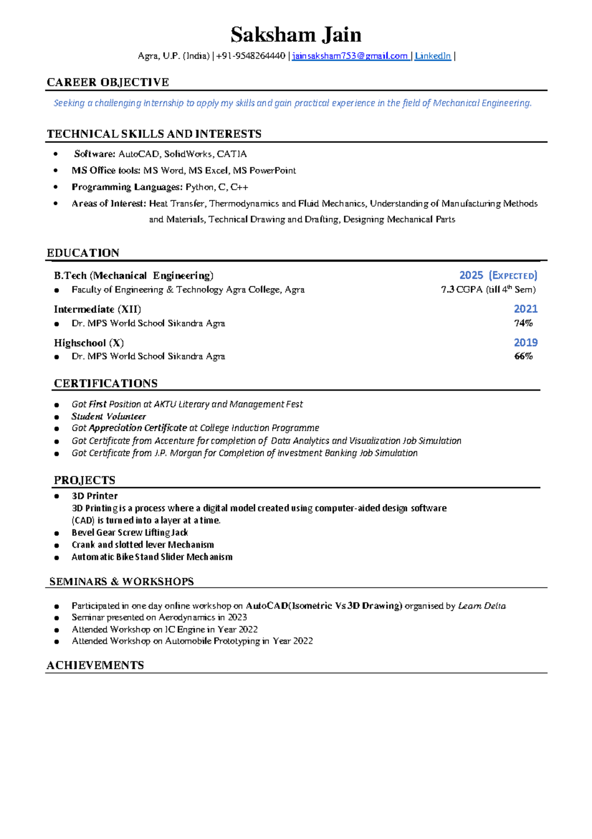 Saksham Jain Resume - Saksham Jain Agra, U. (India) | +91- 9548264440 | jainsaksham753@gmail ...