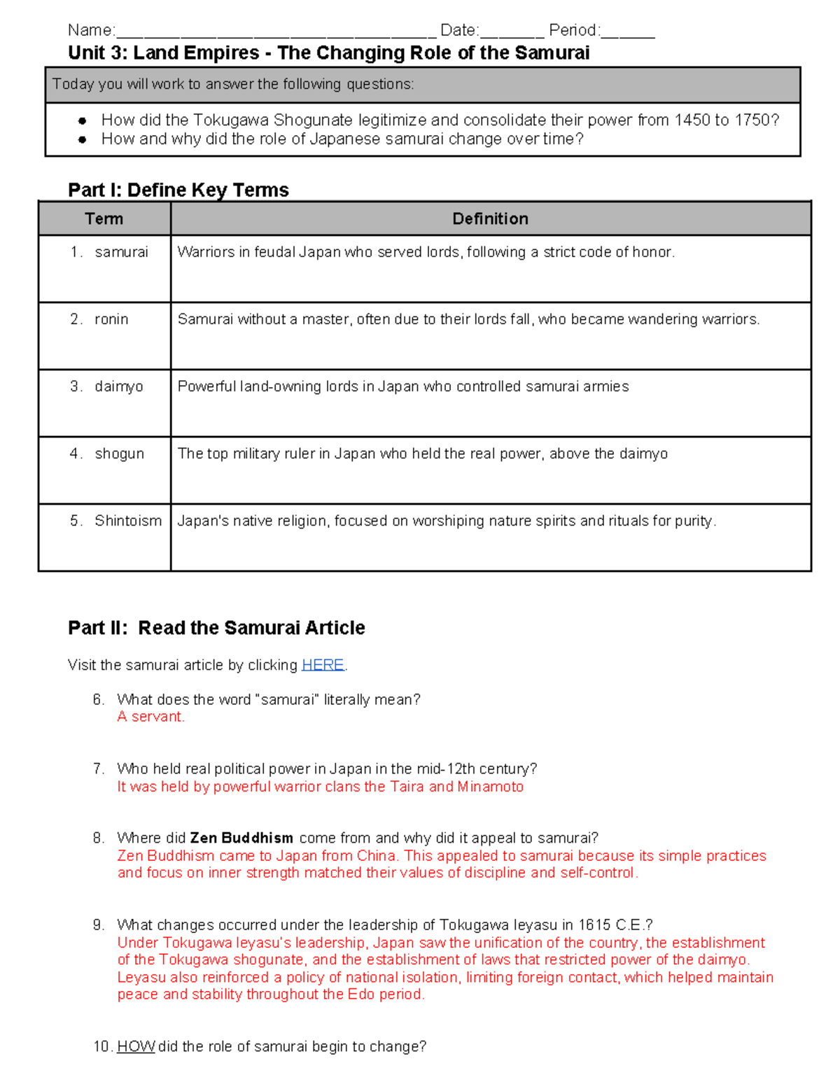 Copy of Unit 3 Samurai Inquiry Lesson (APWH Student Handout) - - Studocu