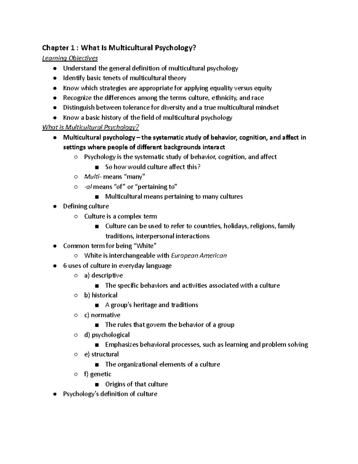[PSY 3325] Textbook Notes - Chapter 1 : What Is Multicultural ...
