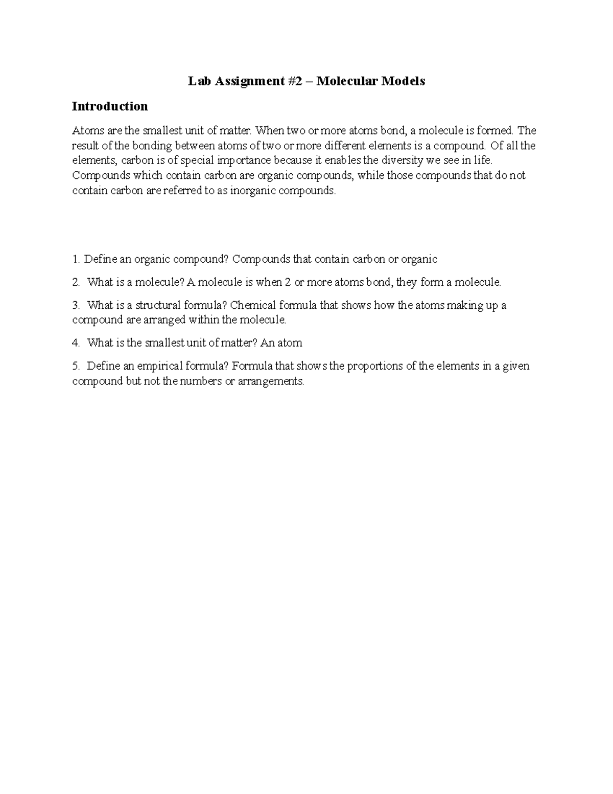 Lab Assignment #2 - Molecular Models - Lab Assignment #2 – Molecular Models Introduction Atoms ...