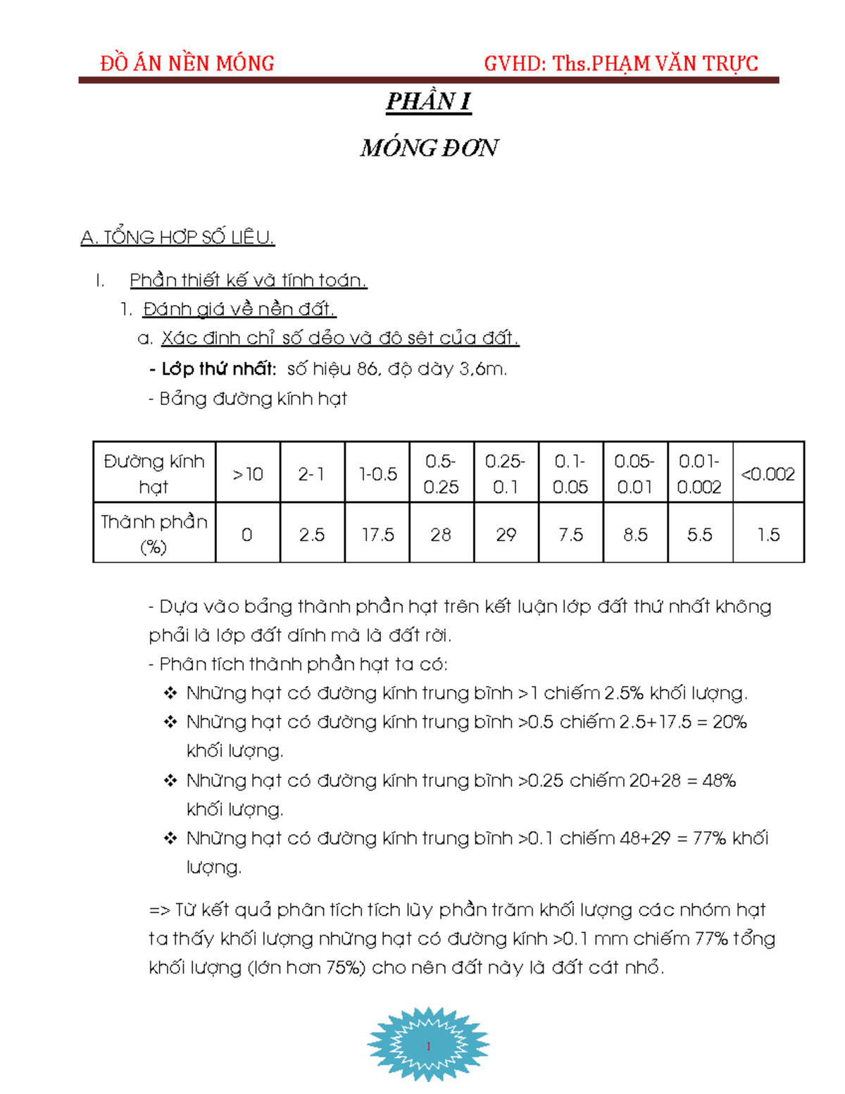 DANM Mong don - Do an nen mong - PHẦN I MÓNG ĐƠN ####### A. TO≈NG H‘œP SO¡ LIEƒU. ####### I. Pha ...