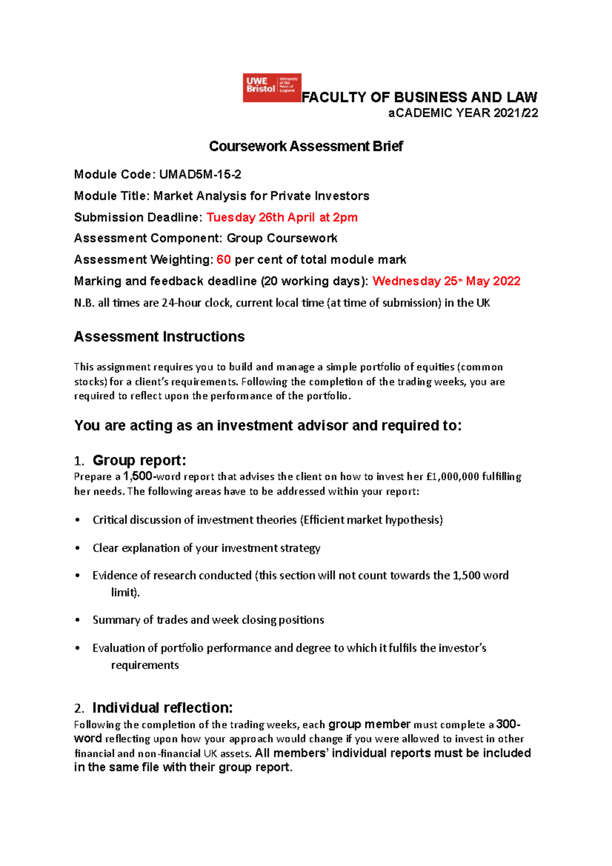 REAL Assignment Brief - FACULTY OF BUSINESS AND LAW aCADEMIC YEAR 2021 ...