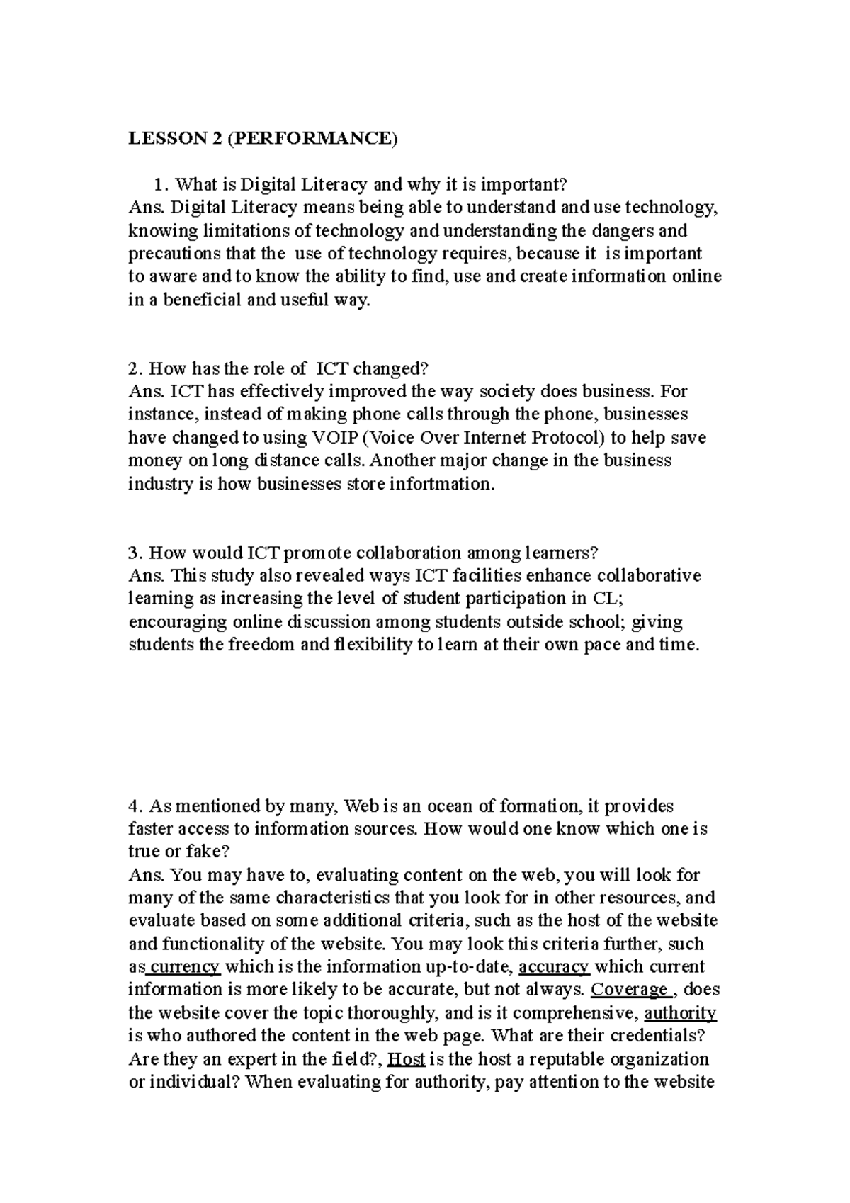 Ed 215- Performance ( Lesson 2) - LESSON 2 (PERFORMANCE) What is Digital Literacy and why it is ...