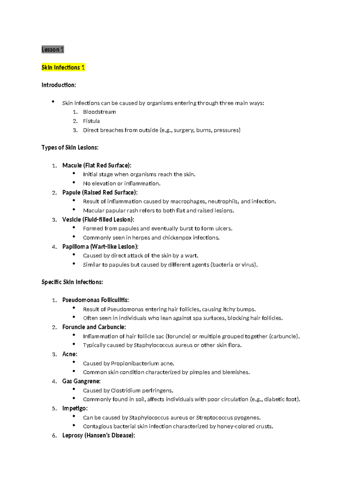 M10 Lesson 1 - Lesson 1 Skin Infections 1 Introduction: Skin infections ...