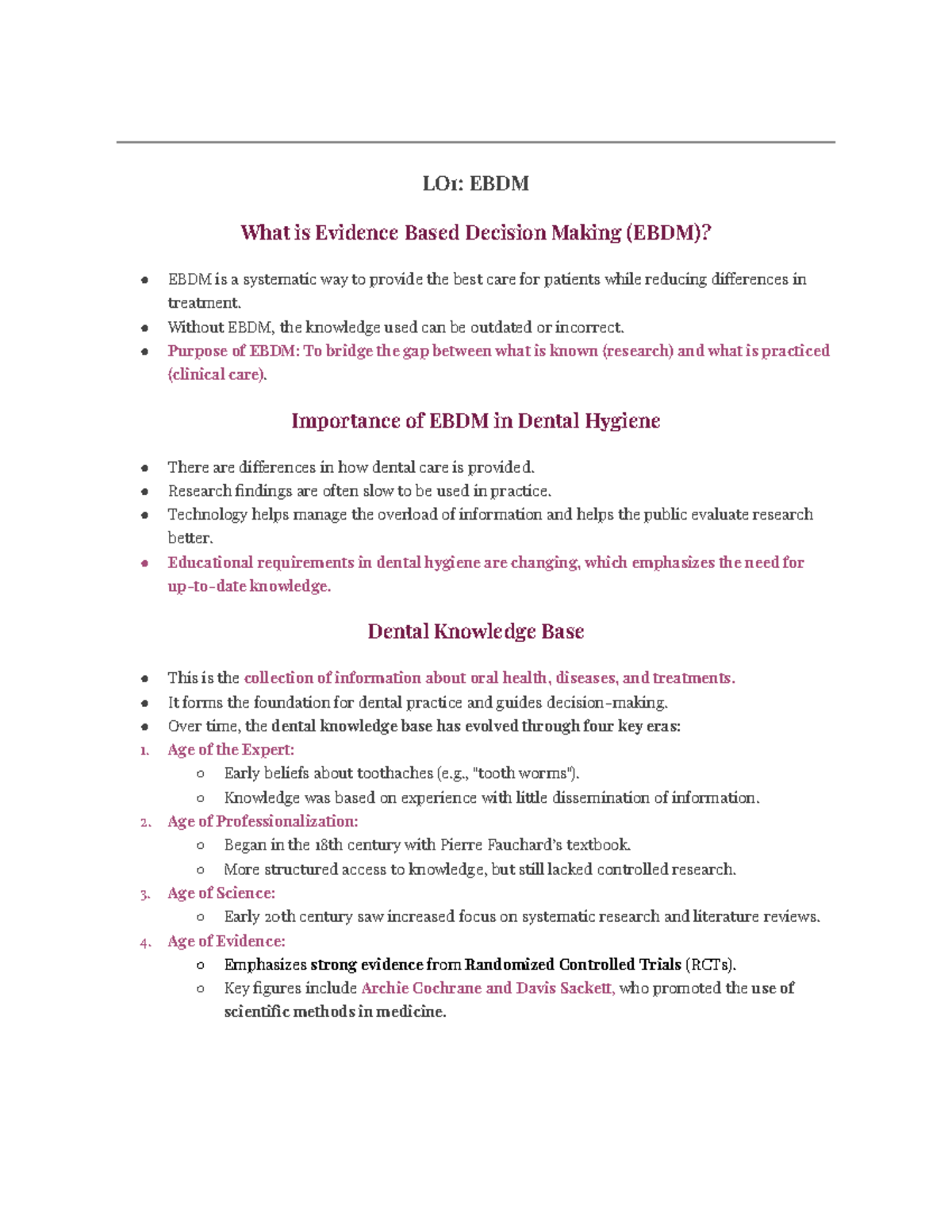 DH 260 Test 1 Study Notes - LO1: EBDM What is Evidence Based Decision ...