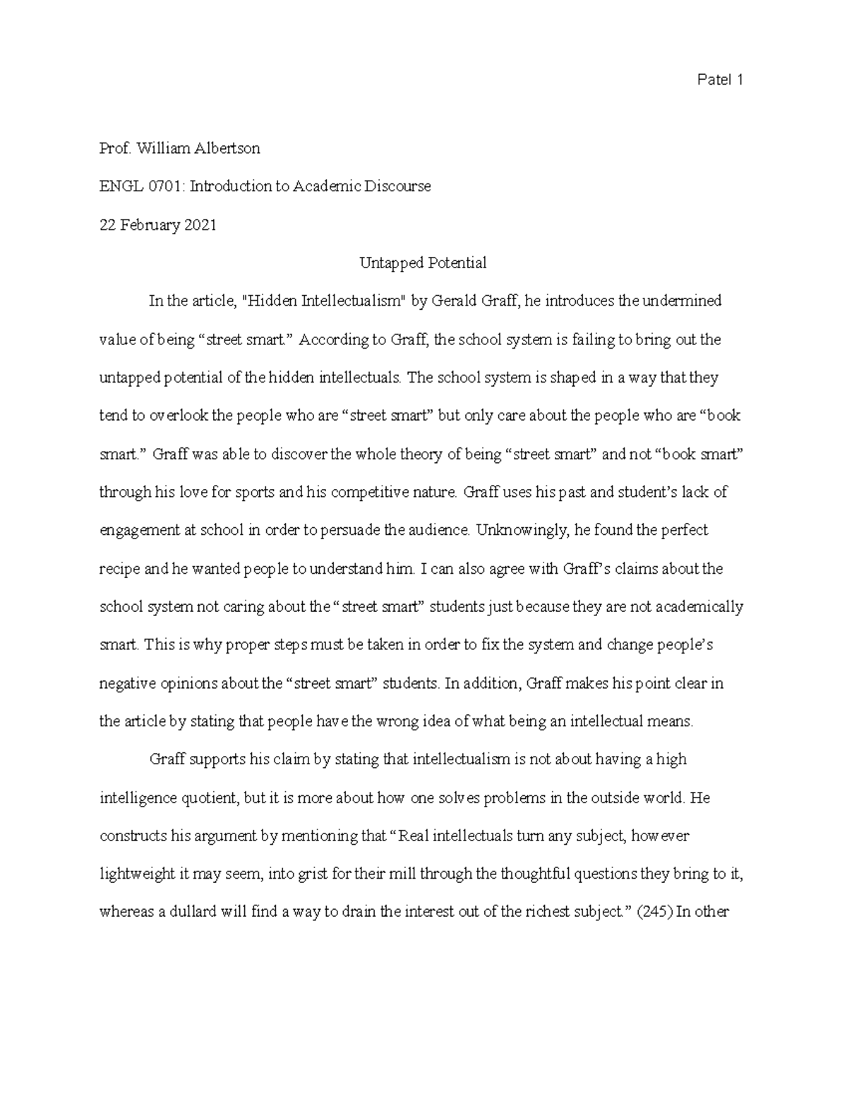 Intro to Academic Essay - Prof. William Albertson ENGL 0701 ...