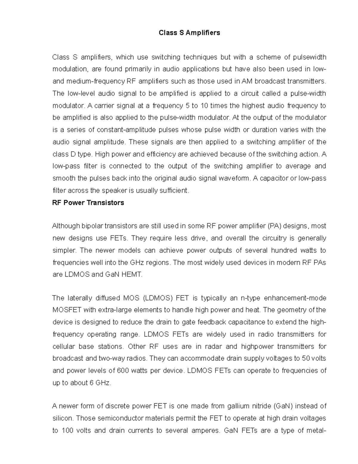 Class S Amplifiers - Class S Amplifiers Class S amplifiers, which use ...