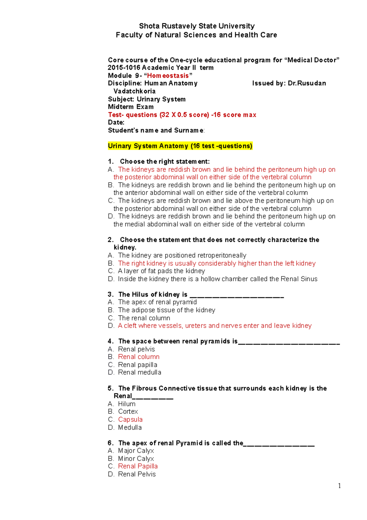 Modul 9 Homeostasis Final Exam test-questions Urinary System Anatomy ...