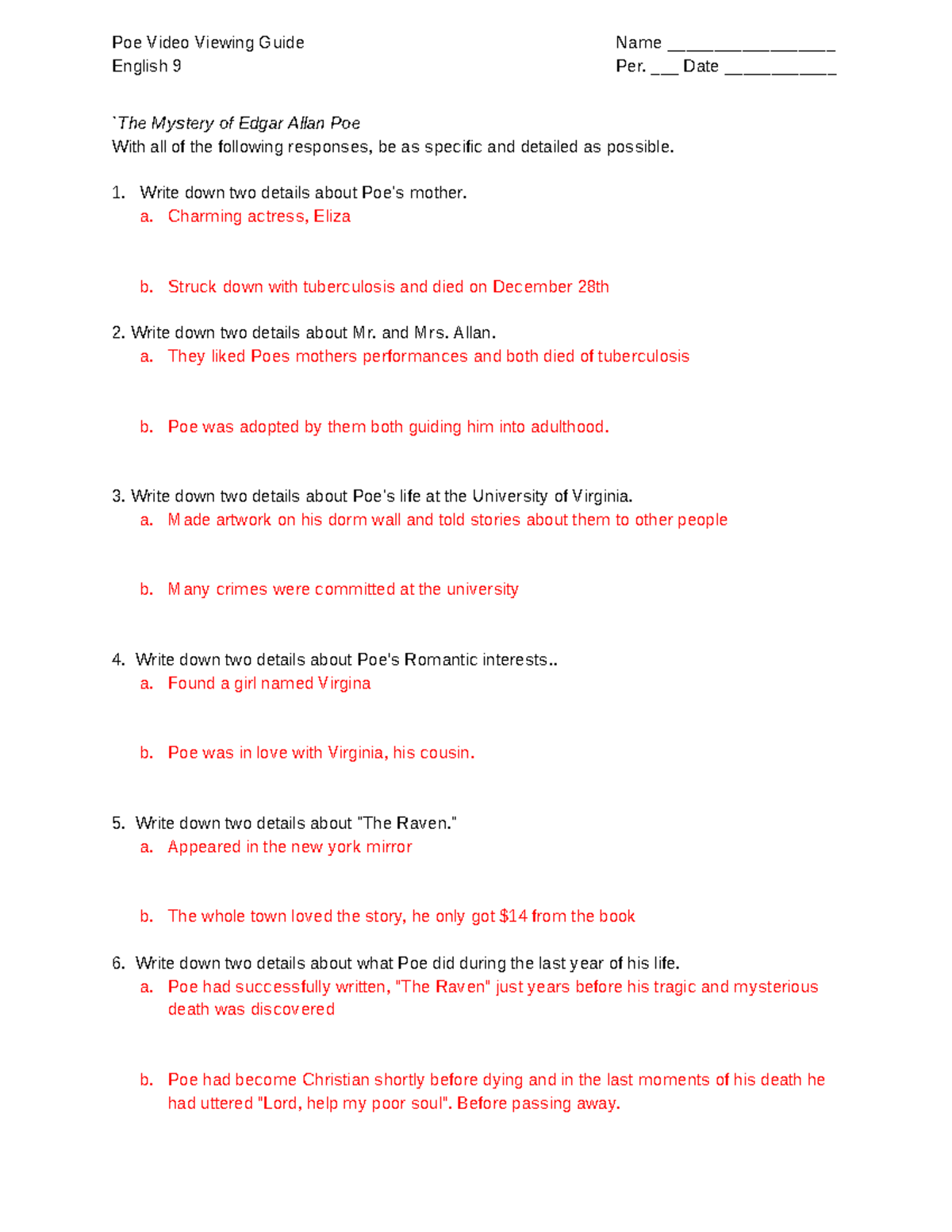 Edgar Allan Poe Video Viewing Guide - Google Docs - Poe Video Viewing ...