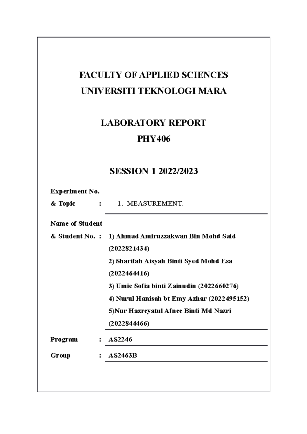 LAB1 Measurement - FACULTY OF APPLIED SCIENCES UNIVERSITI TEKNOLOGI ...