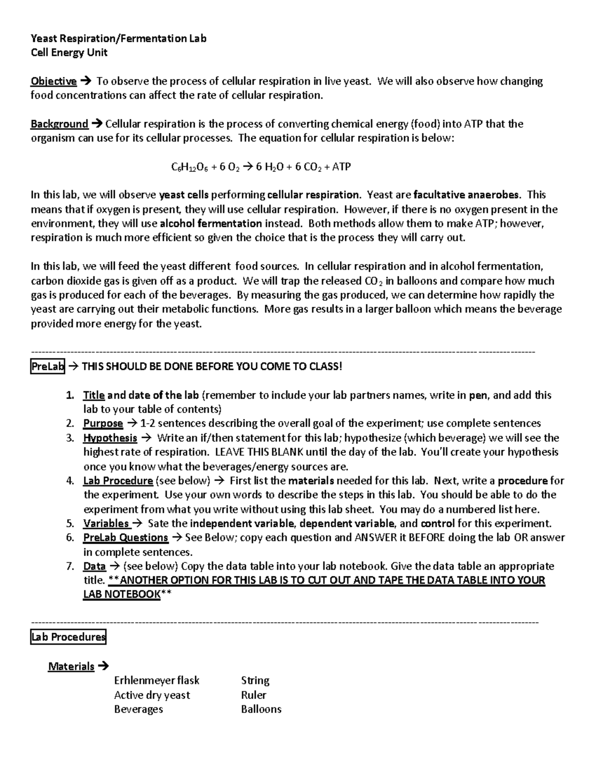 Yeast Respiration Lab 2014 - Yeast Respiration/Fermentation Lab Cell ...