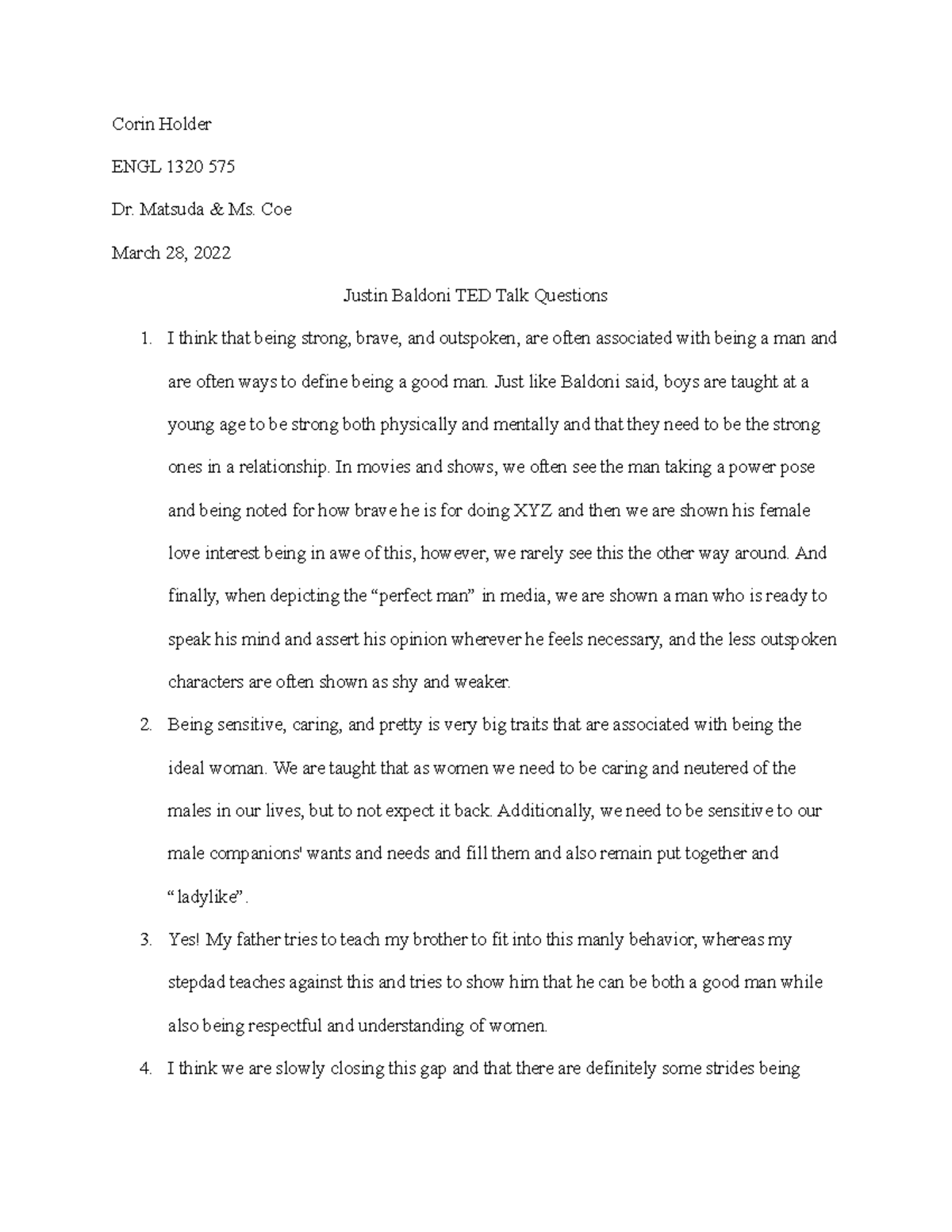ENGL 1320 - Justin Baldoni TED Talk questions - Corin Holder ENGL 1320 ...