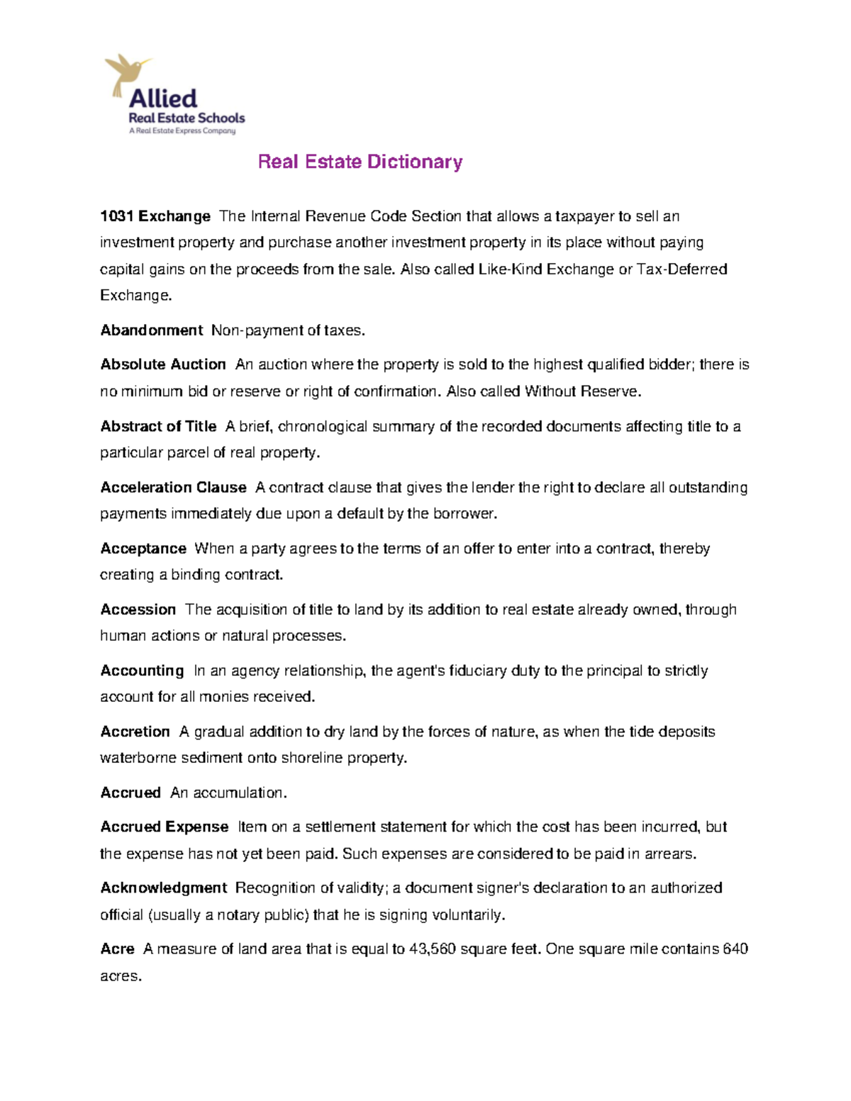 Real Estate Dictionary - Real Estate Dictionary 1031 Exchange The ...