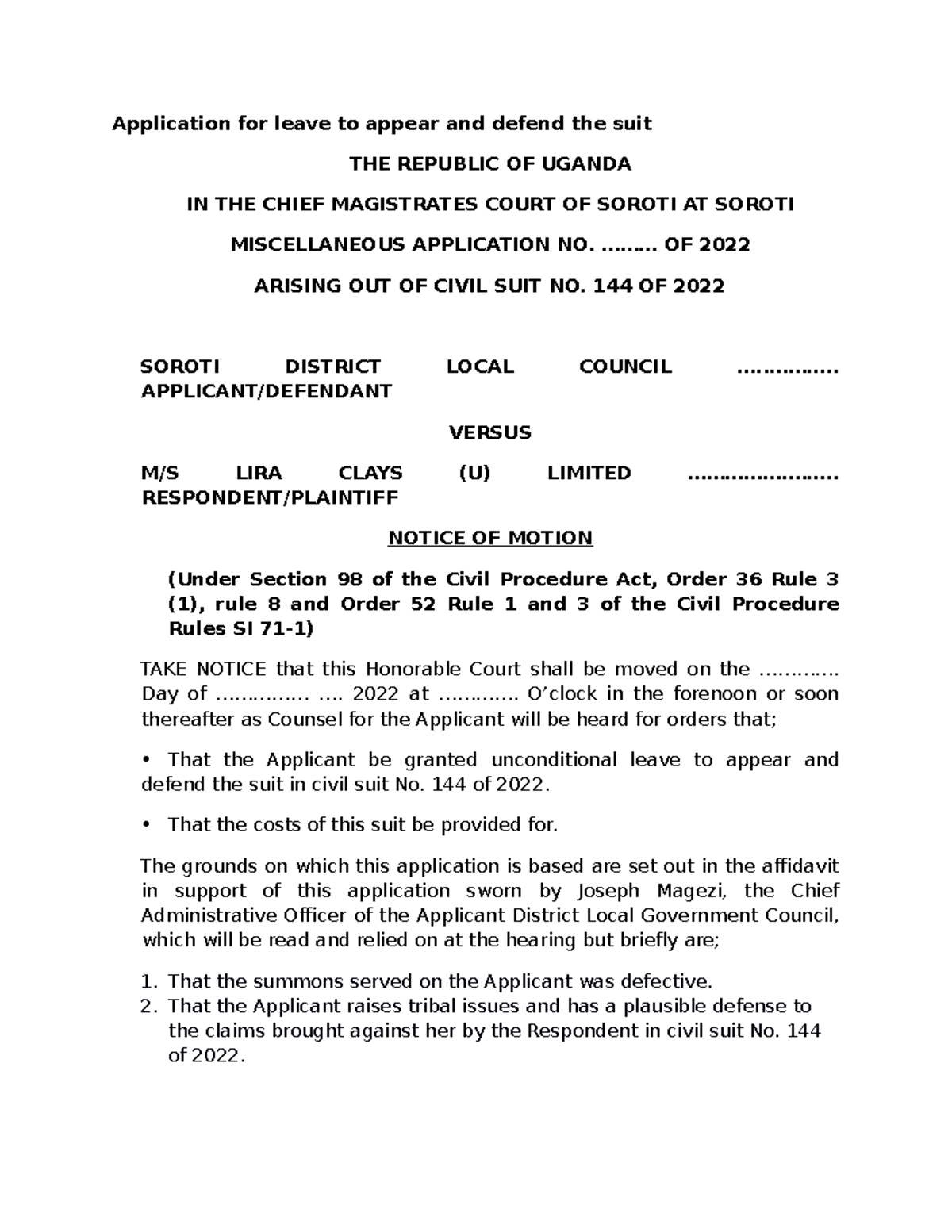 FIRM B7 Application For Leave To Appear And Defend Application For