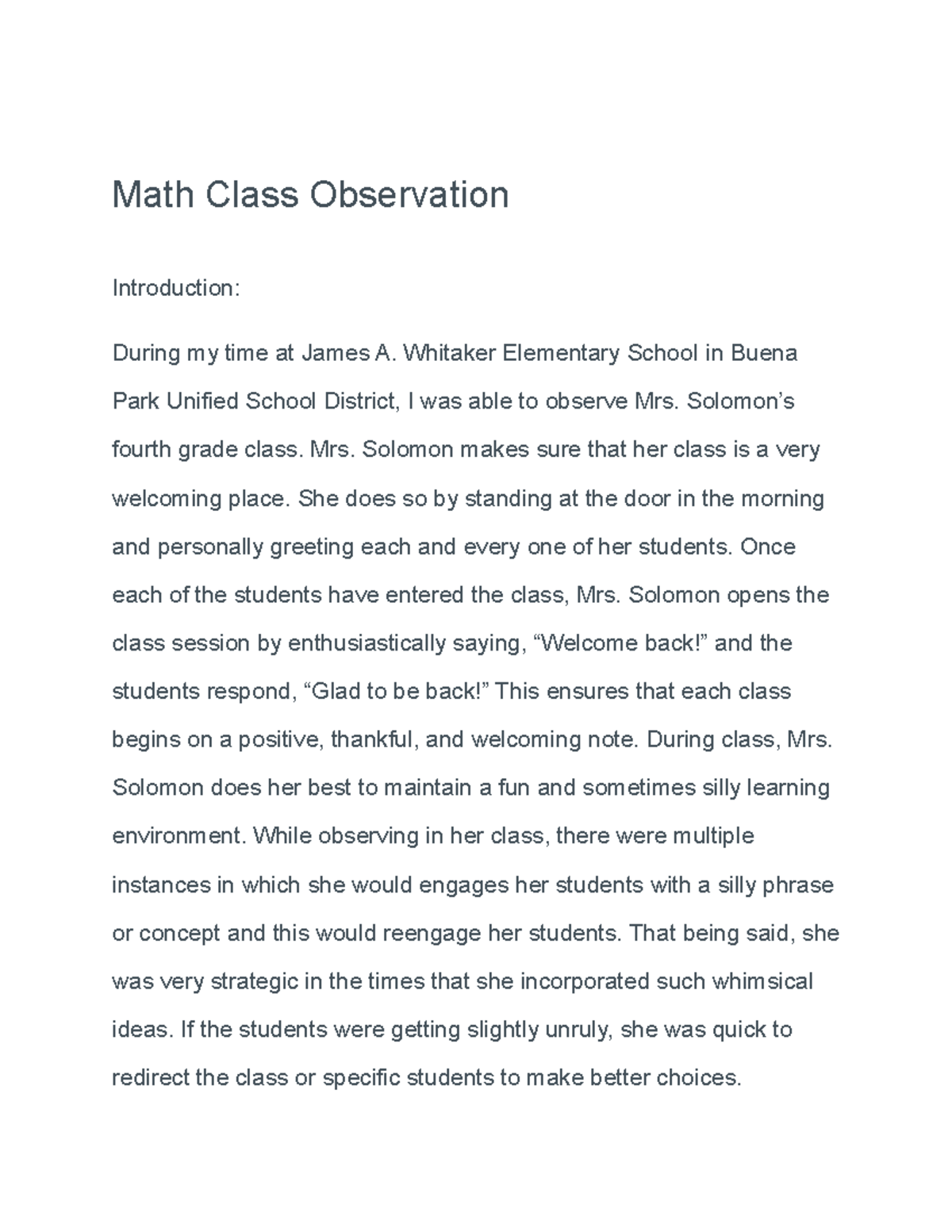 Math Class Observation - Math Class Observation Introduction: During my ...